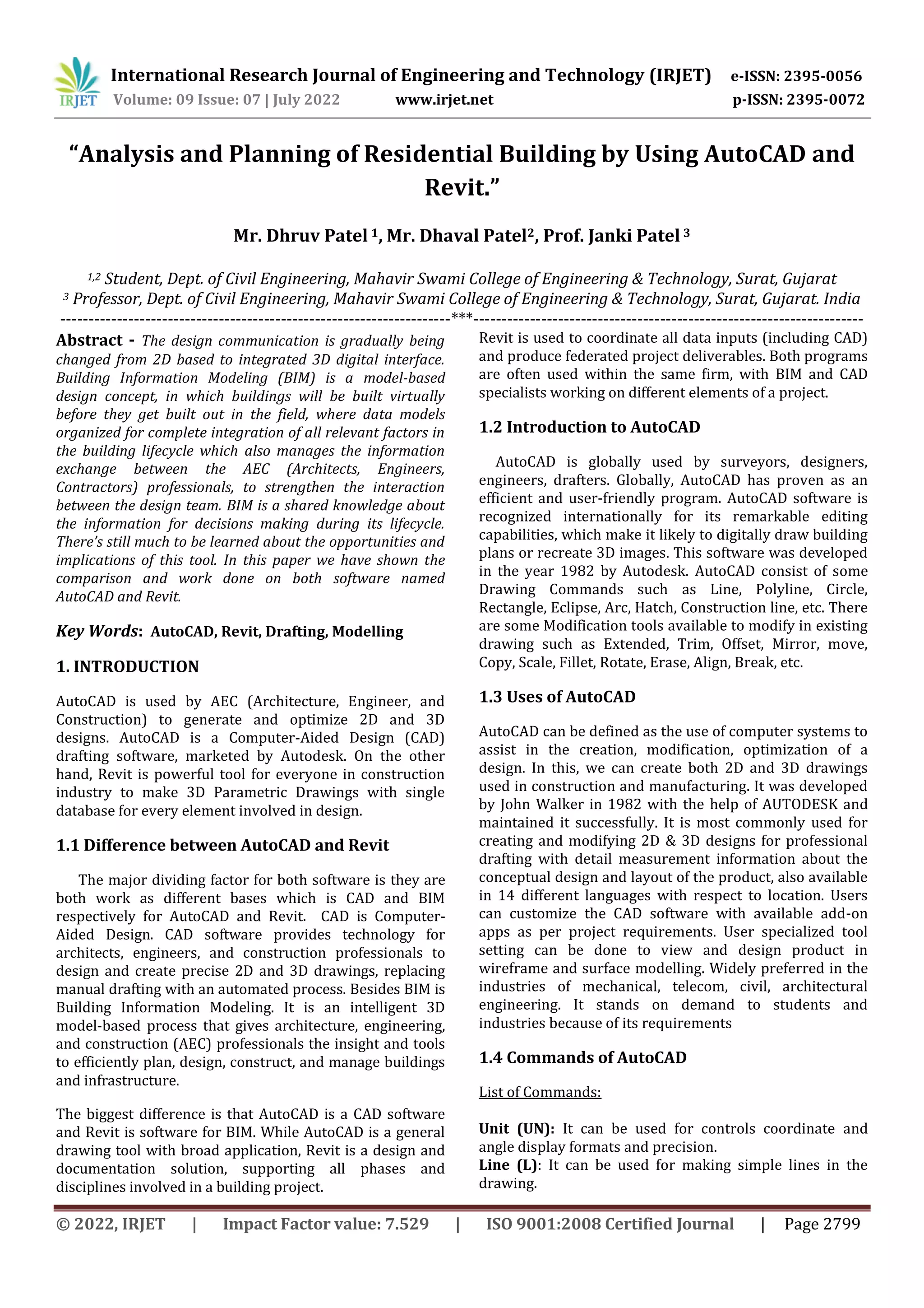 “Analysis and Planning of Residential Building by Using AutoCAD and Revit.” | PDF