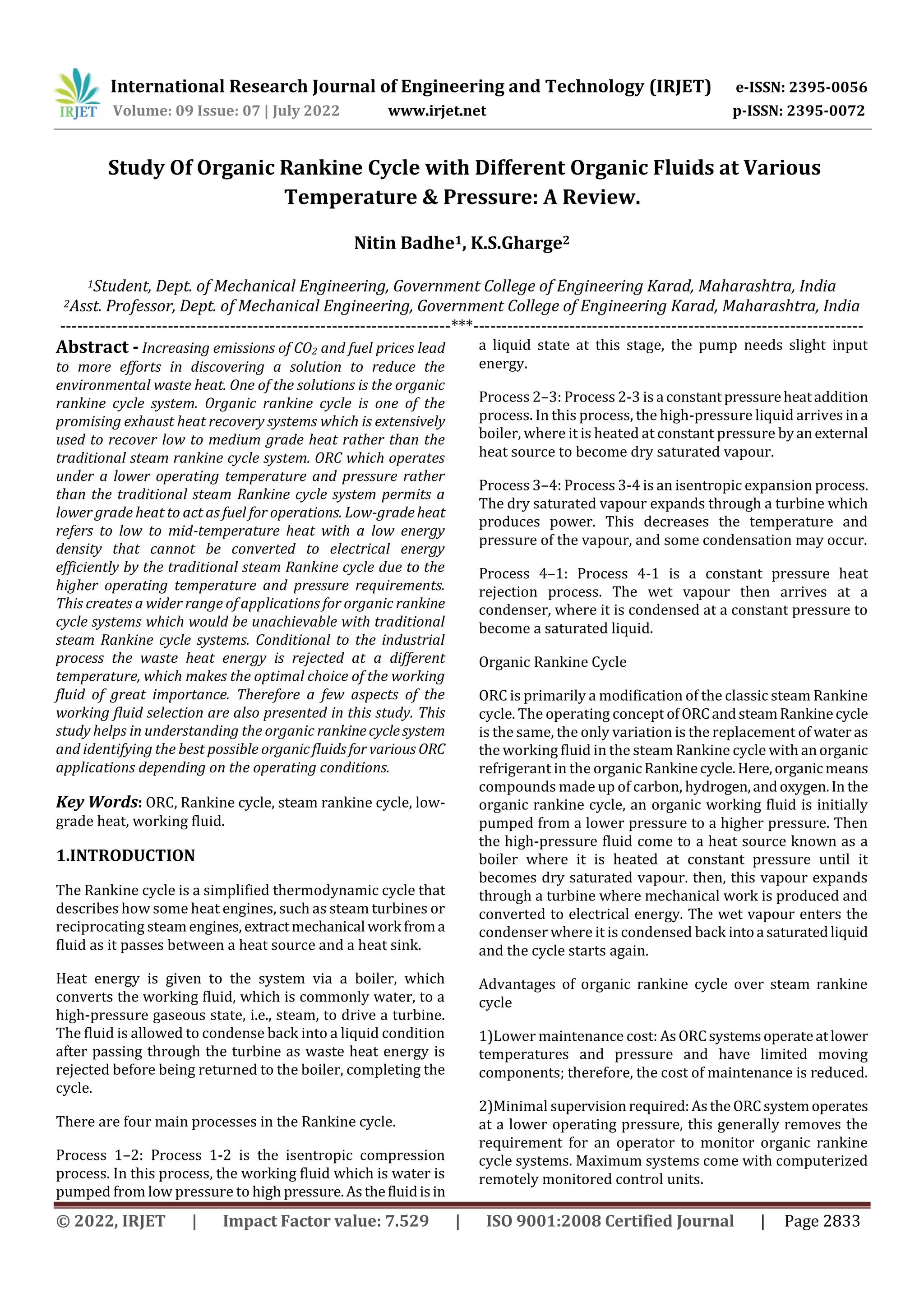 Study Of Organic Rankine Cycle with Different Organic Fluids at Various Temperature & Pressure ...