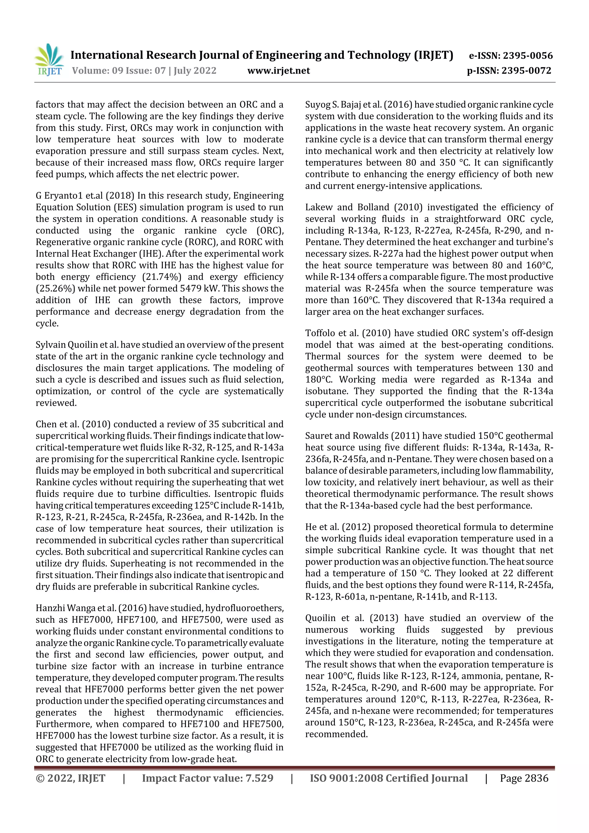 Study Of Organic Rankine Cycle with Different Organic Fluids at Various Temperature & Pressure ...