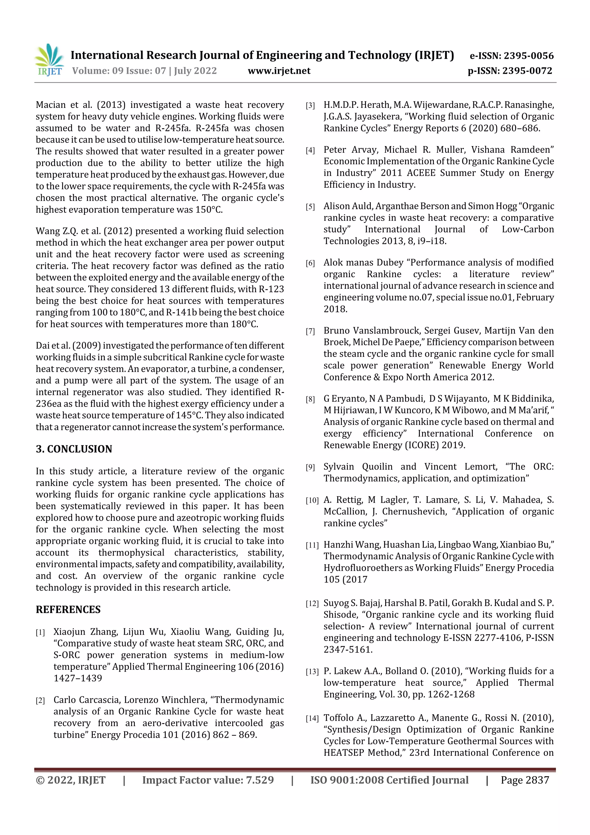 Study Of Organic Rankine Cycle with Different Organic Fluids at Various ...