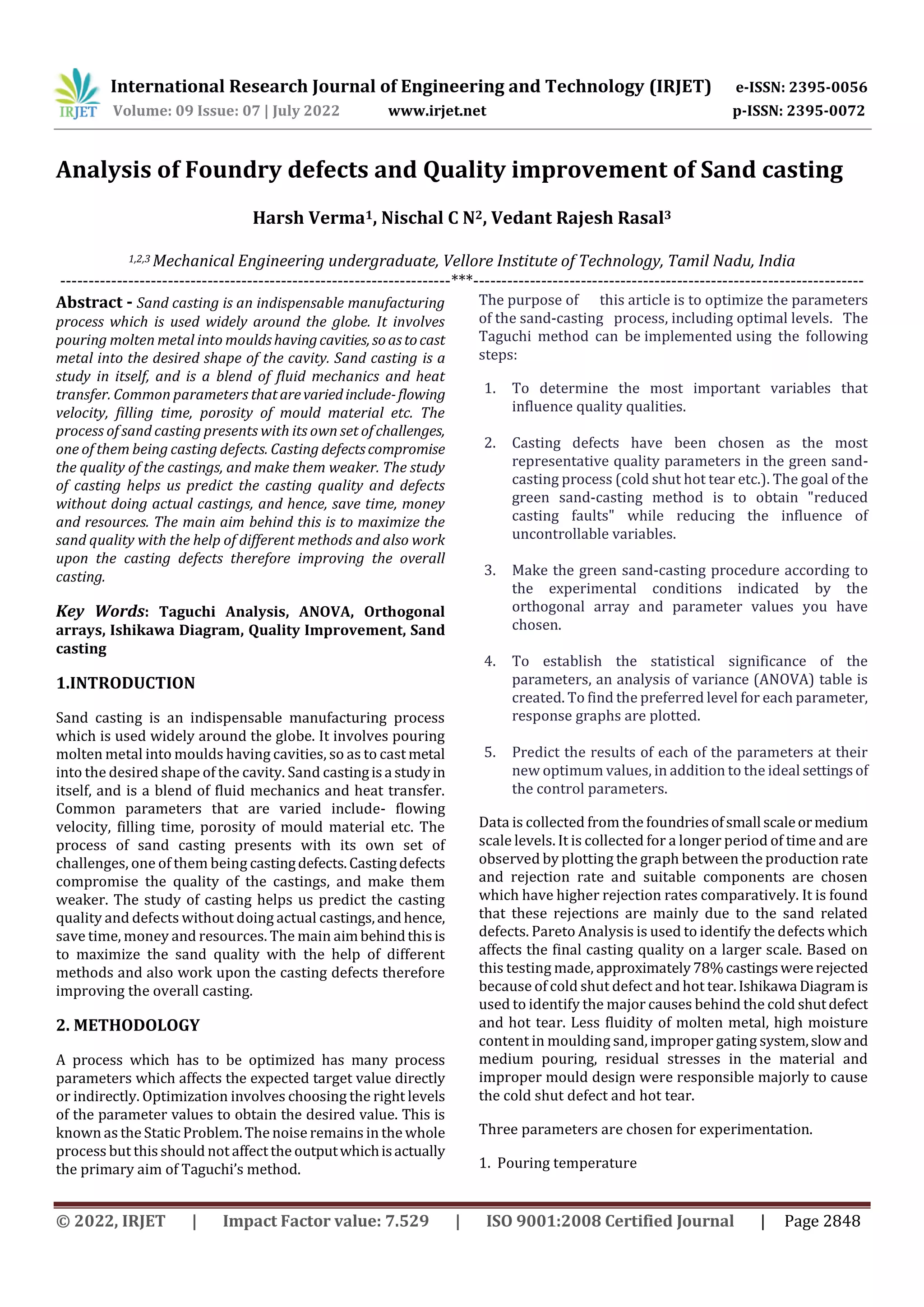 Analysis of Foundry defects and Quality improvement of Sand casting | PDF