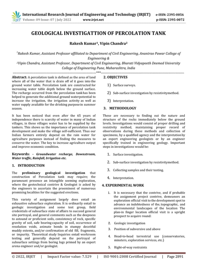 GEOLOGICAL INVESTIGATTION OF PERCOLATION TANK | PDF | Agriculture ...