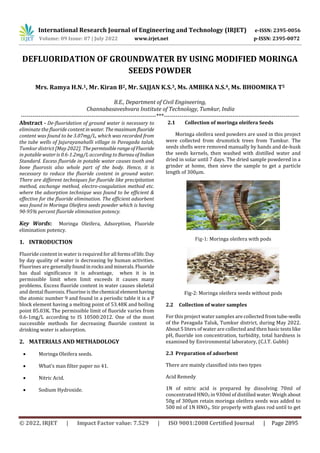 DEFLUORIDATION OF GROUNDWATER BY USING MODIFIED MORINGA SEEDS POWDER | PDF