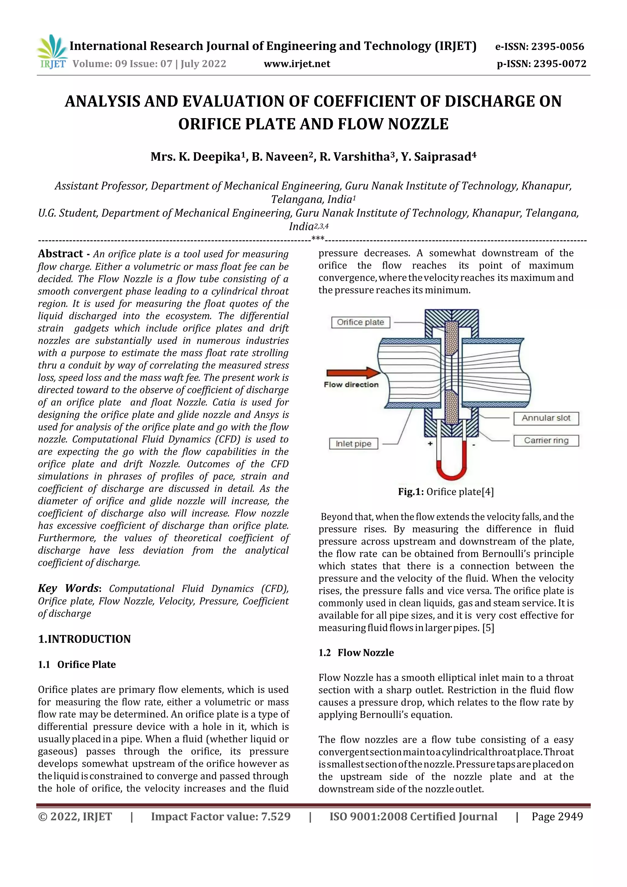 ANALYSIS AND EVALUATION OF COEFFICIENT OF DISCHARGE ON ORIFICE PLATE AND FLOW NOZZLE | PDF