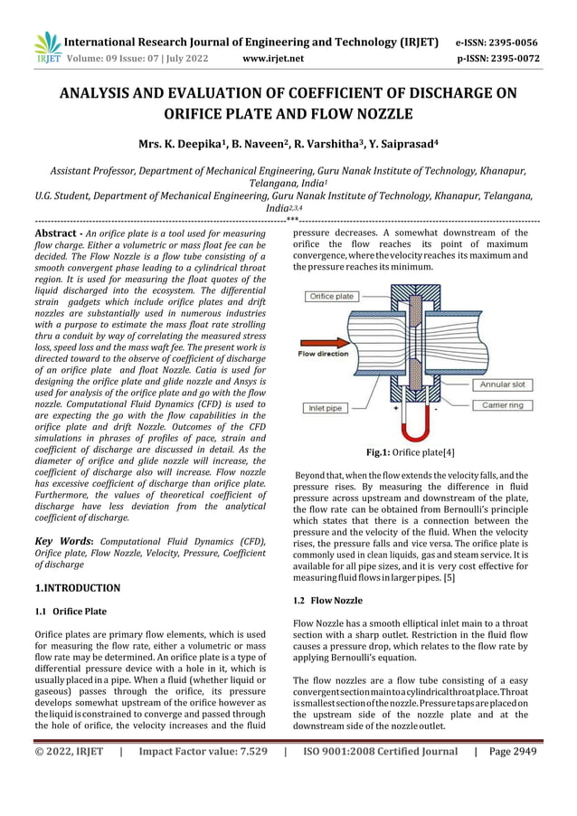 ANALYSIS AND EVALUATION OF COEFFICIENT OF DISCHARGE ON ORIFICE PLATE ...