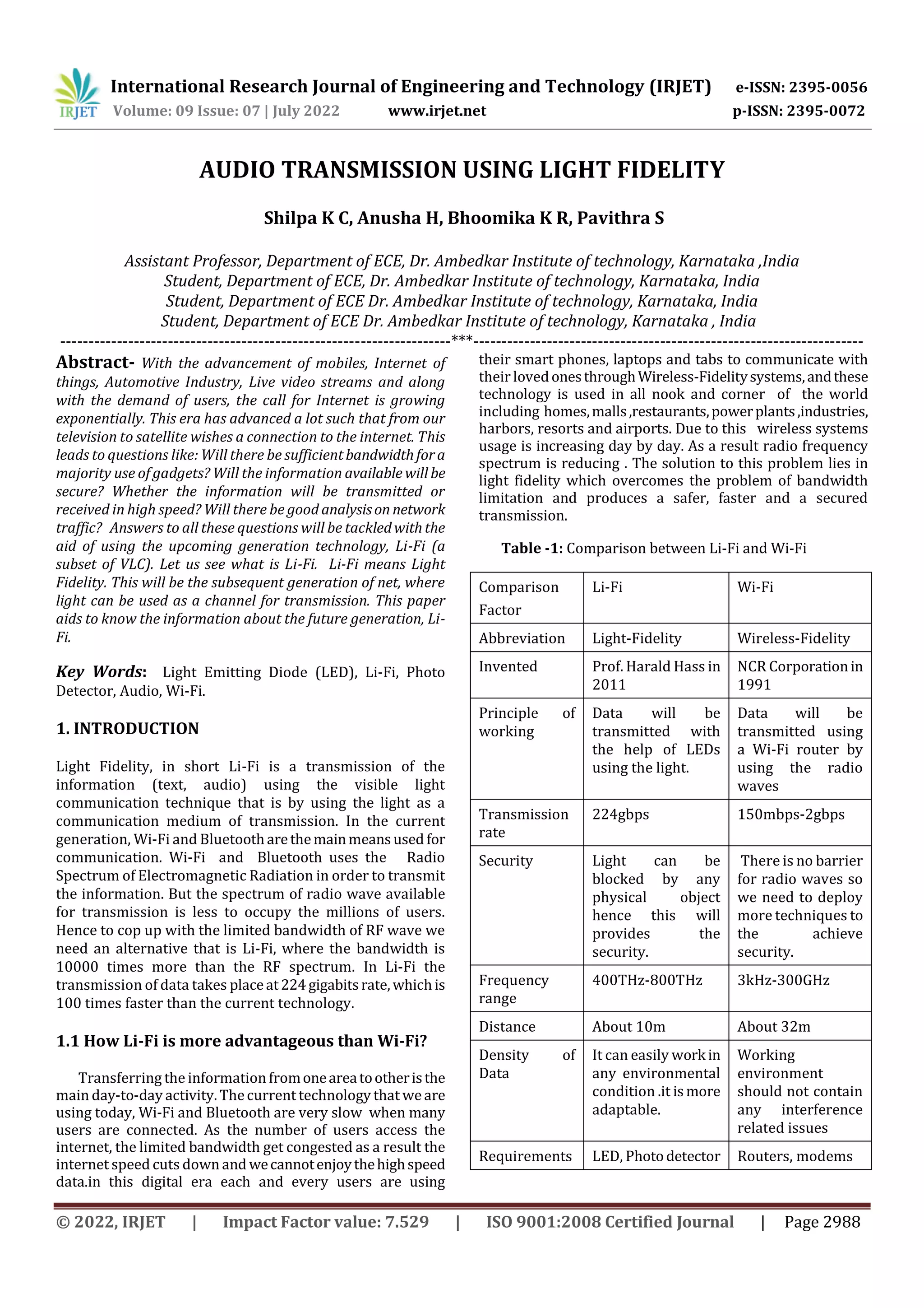 AUDIO TRANSMISSION USING LIGHT FIDELITY | PDF
