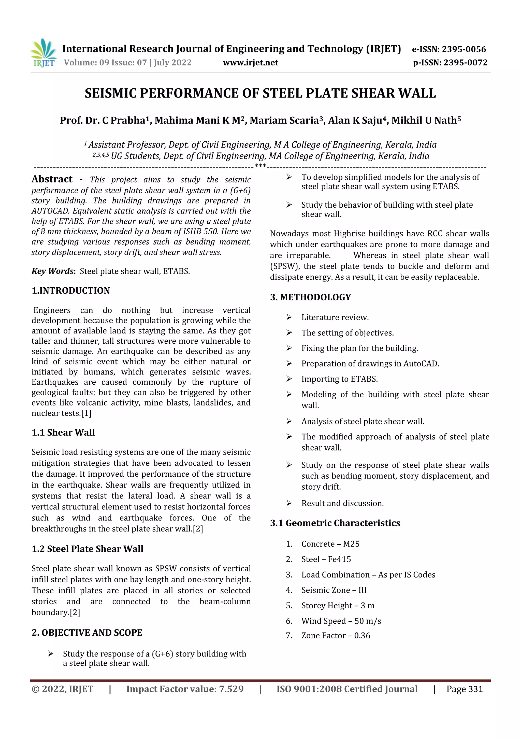 SEISMIC PERFORMANCE OF STEEL PLATE SHEAR WALL | PDF