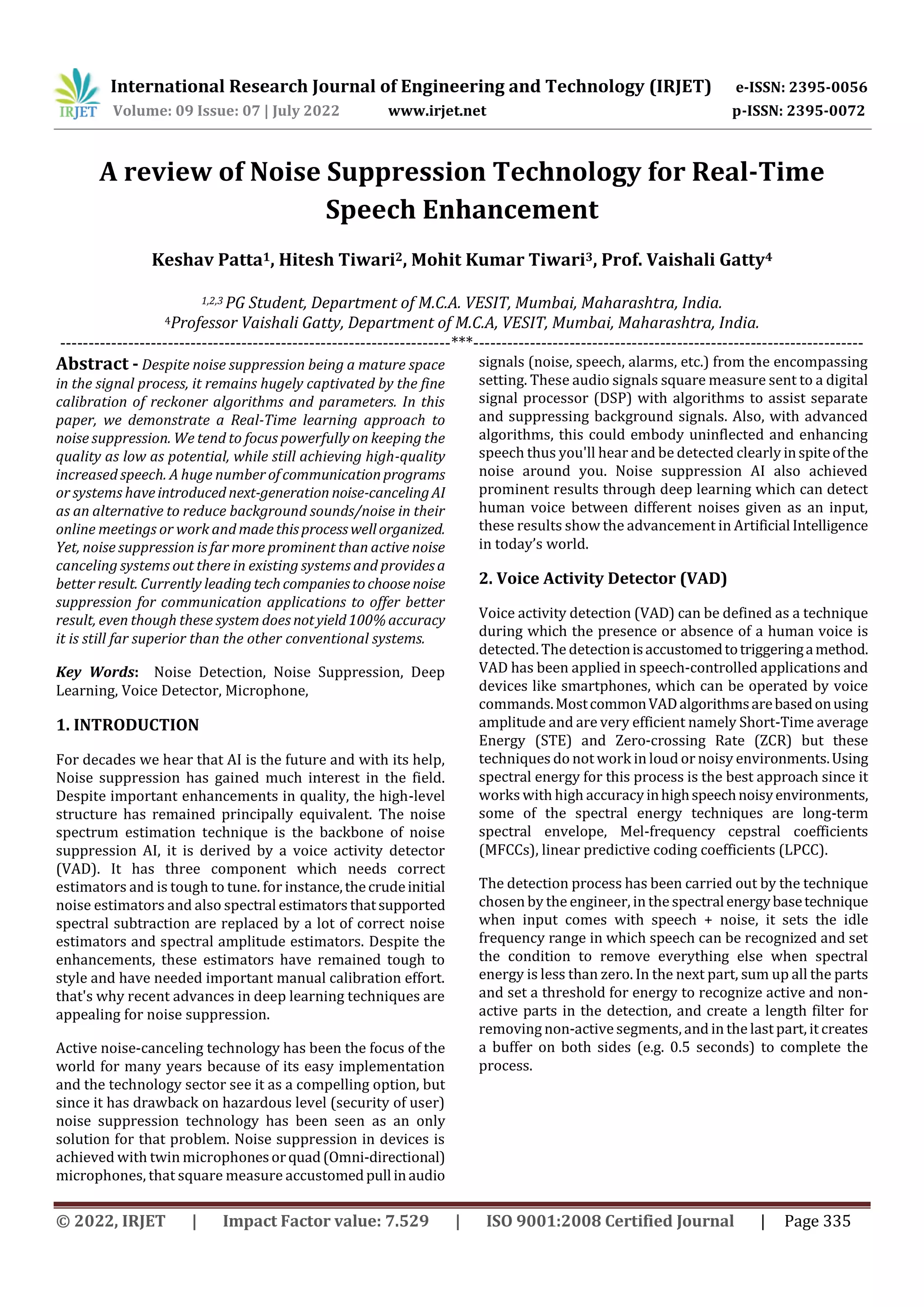 A review of Noise Suppression Technology for Real-Time Speech Enhancement | PDF | Digital Audio ...