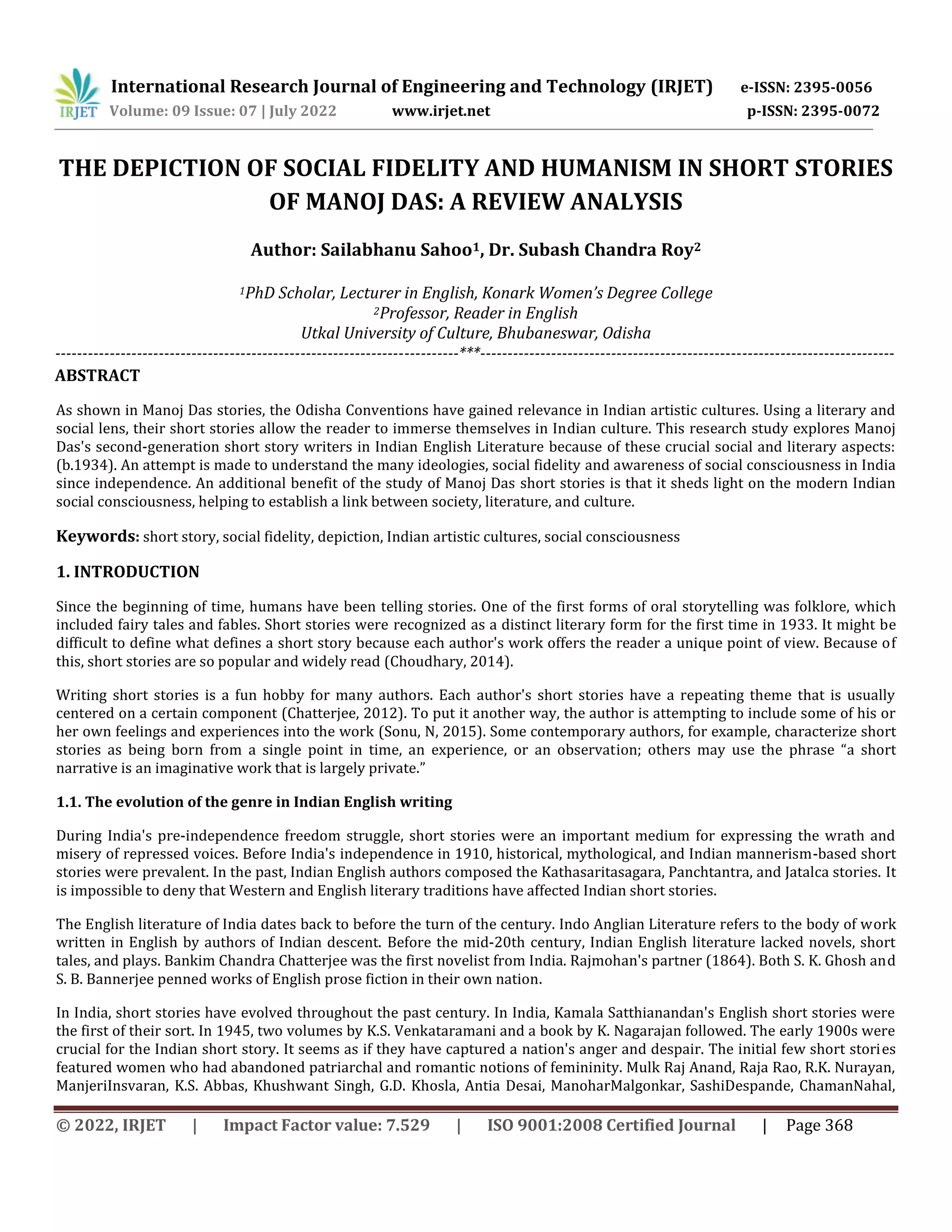 THE DEPICTION OF SOCIAL FIDELITY AND HUMANISM IN SHORT STORIES OF MANOJ DAS: A REVIEW ANALYSIS | PDF