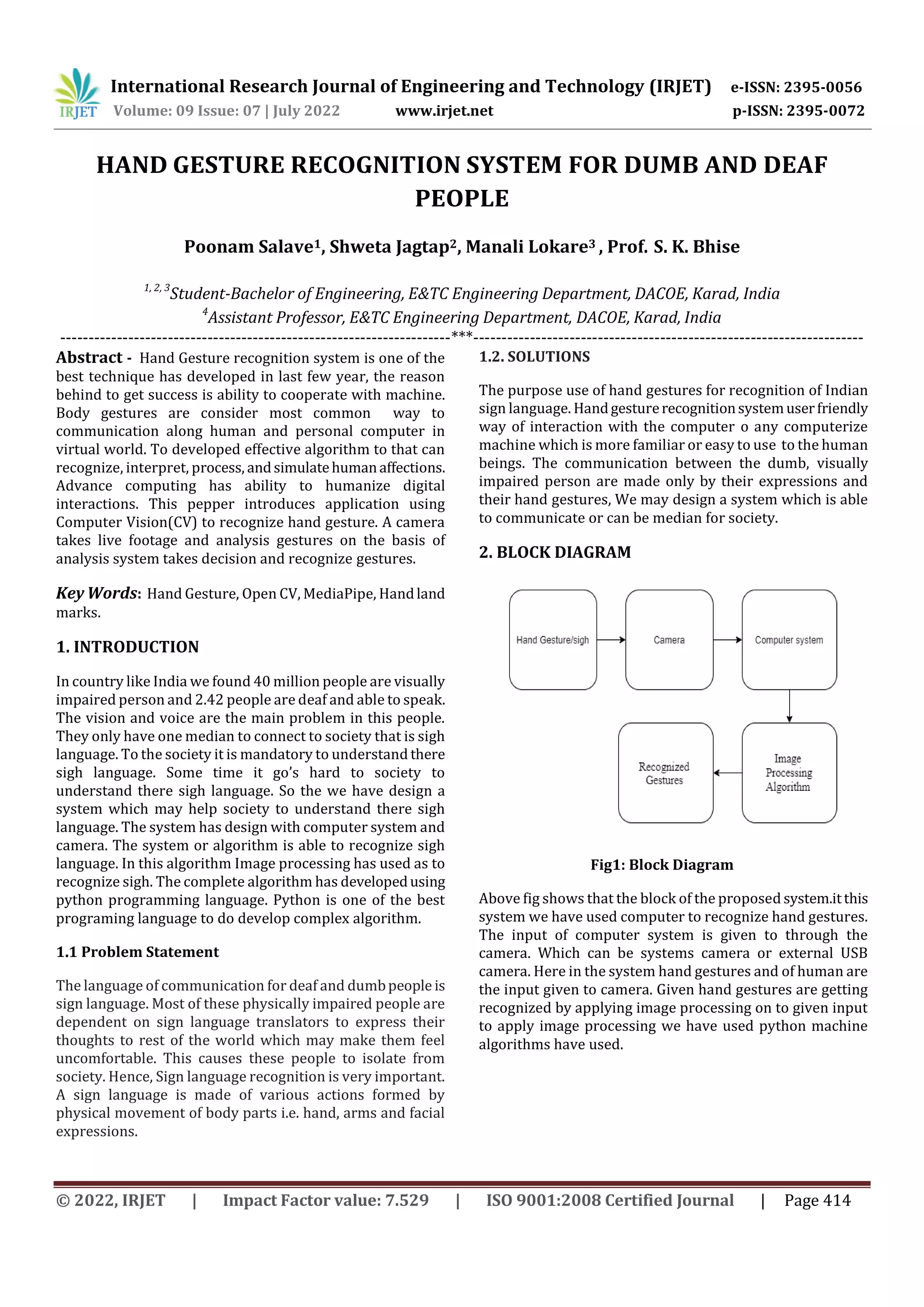 HAND GESTURE RECOGNITION SYSTEM FOR DUMB AND DEAF PEOPLE | PDF
