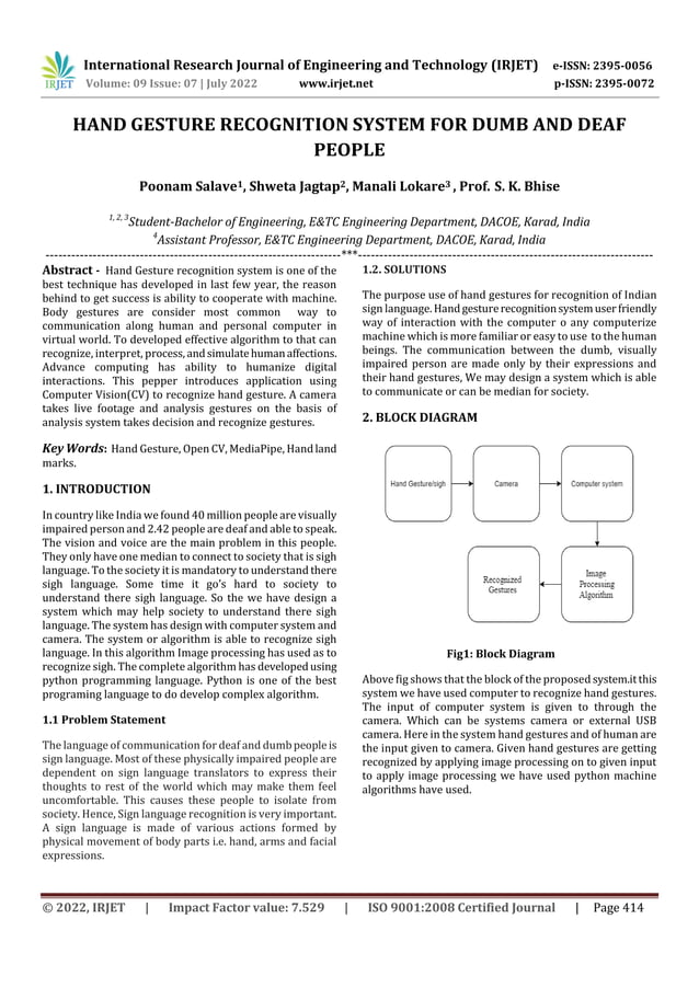 HAND GESTURE RECOGNITION SYSTEM FOR DUMB AND DEAF PEOPLE | PDF
