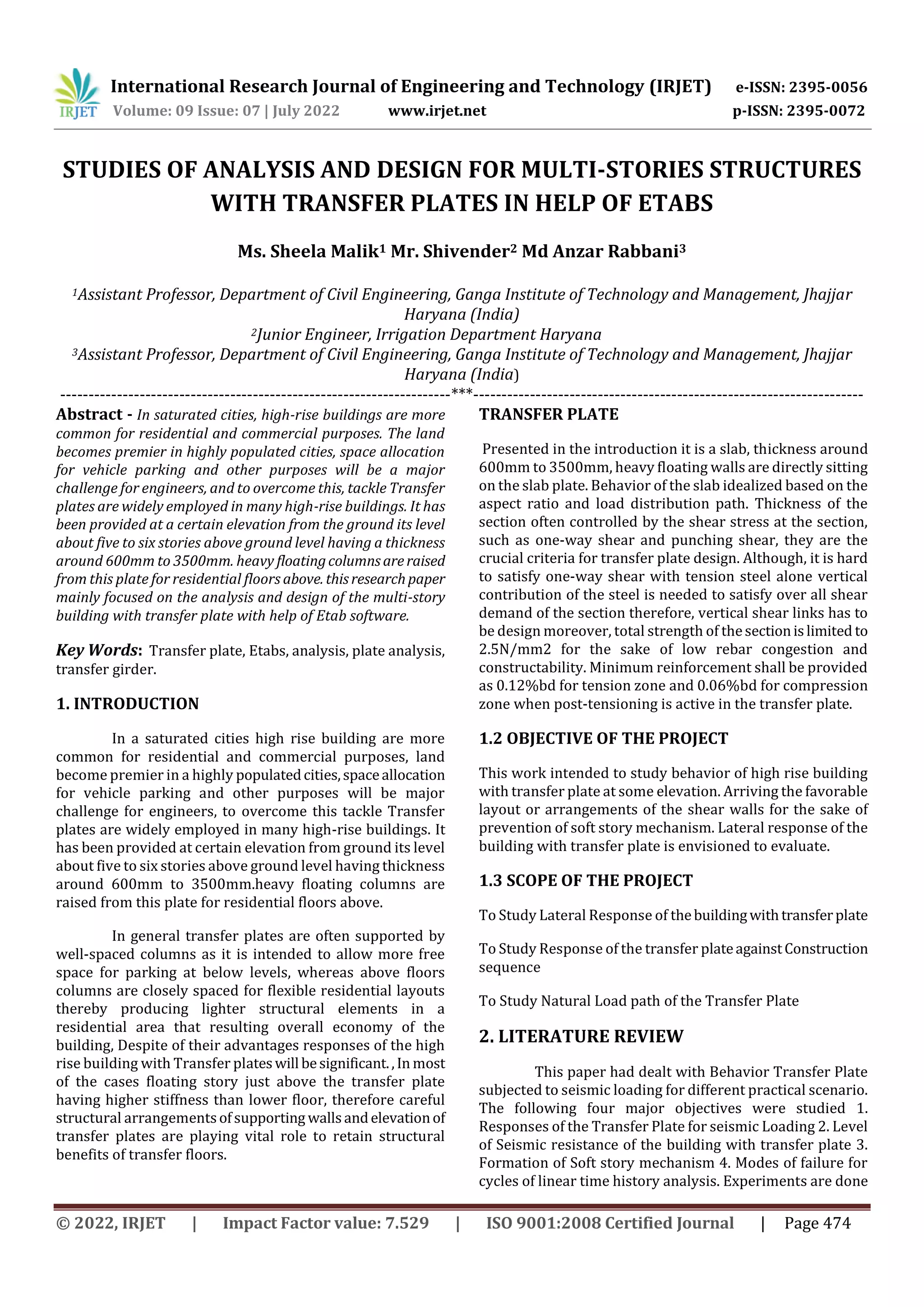 STUDIES OF ANALYSIS AND DESIGN FOR MULTI-STORIES STRUCTURES WITH ...
