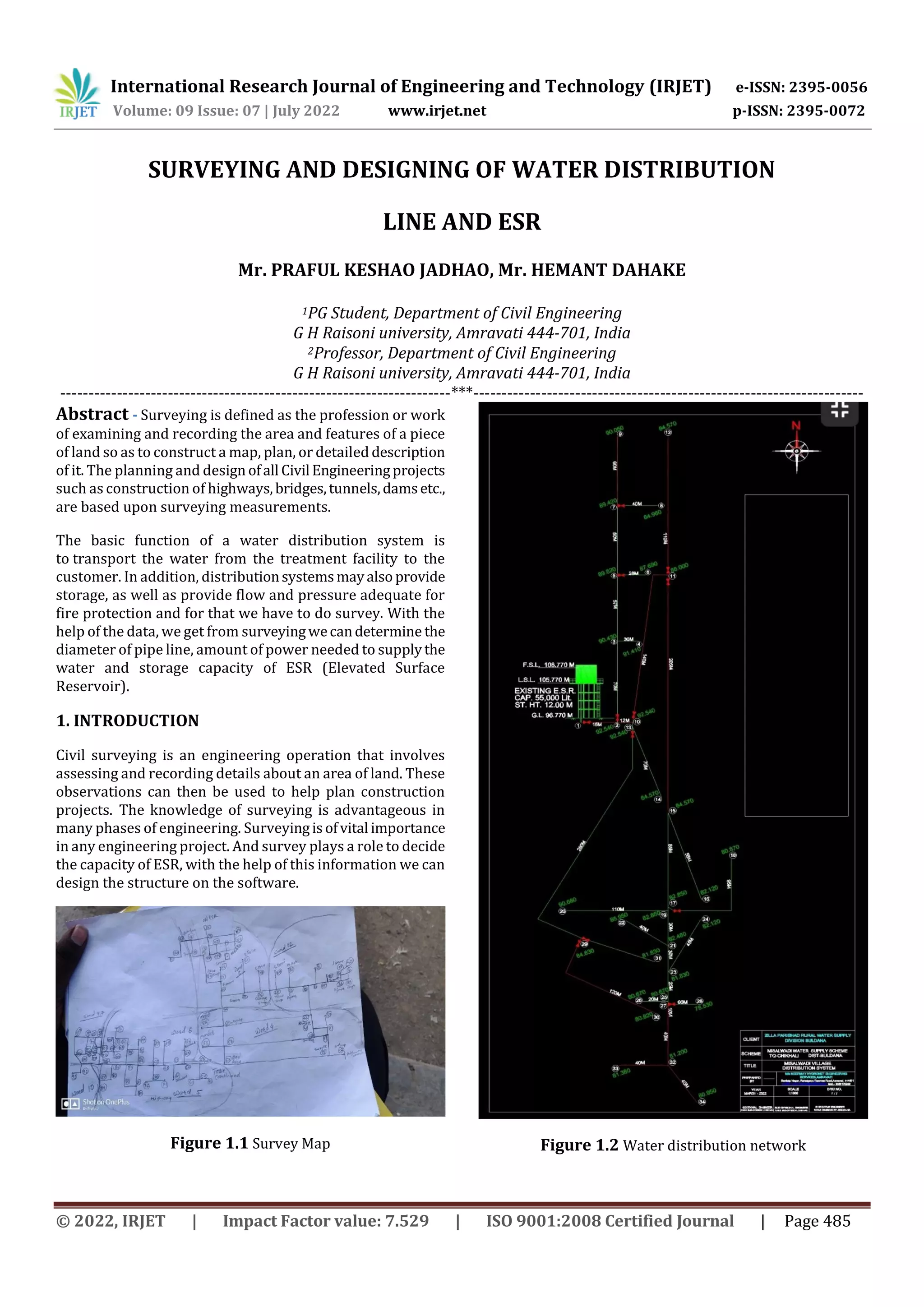 SURVEYING AND DESIGNING OF WATER DISTRIBUTION LINE AND ESR | PDF