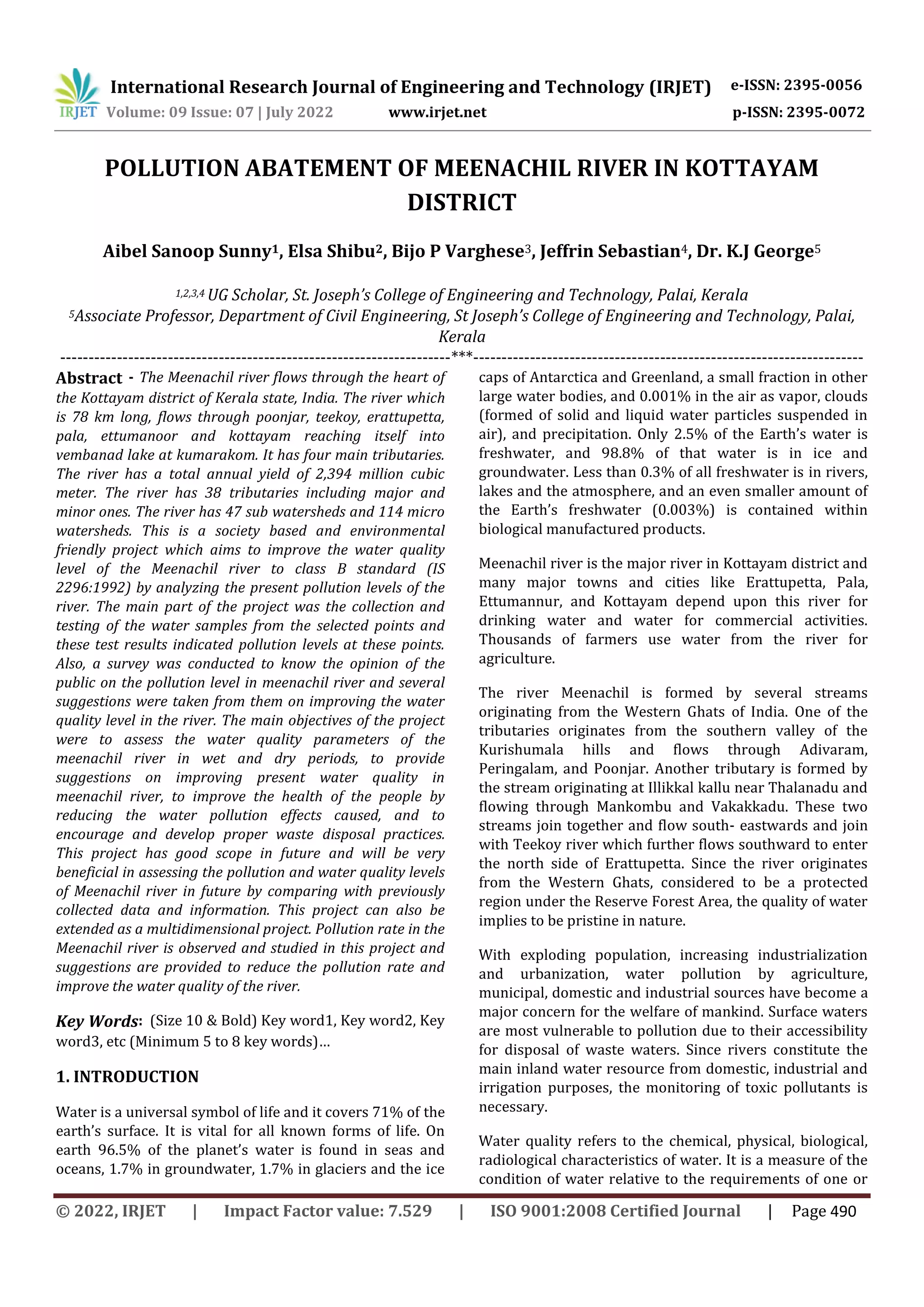 POLLUTION ABATEMENT OF MEENACHIL RIVER IN KOTTAYAM DISTRICT | PDF