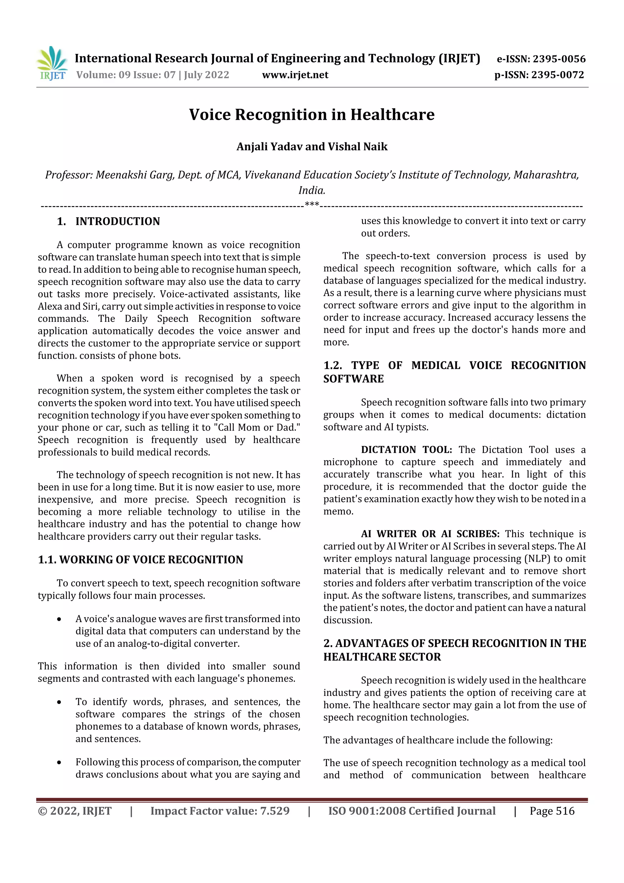 Voice Recognition in Healthcare | PDF