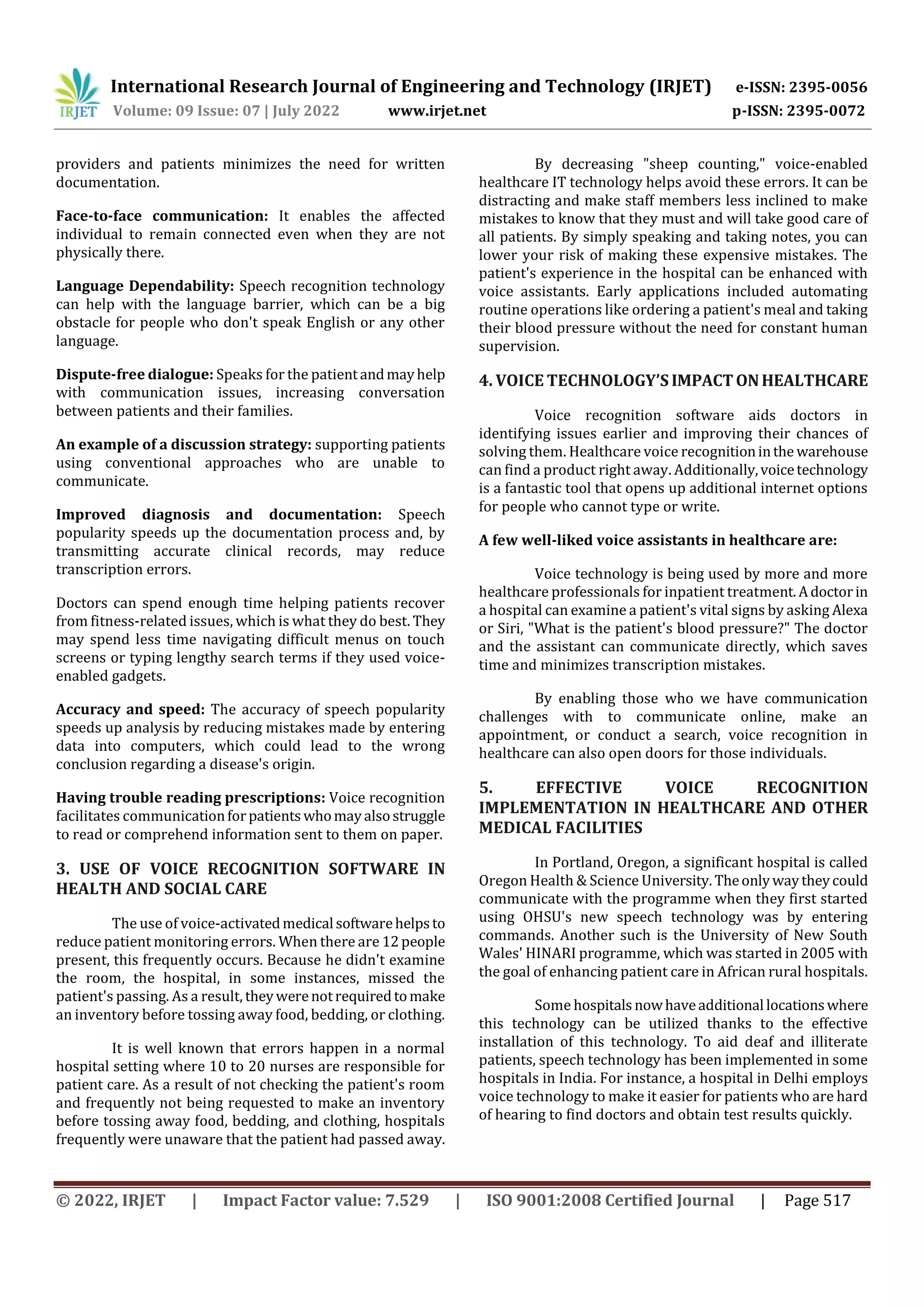 Voice Recognition in Healthcare | PDF