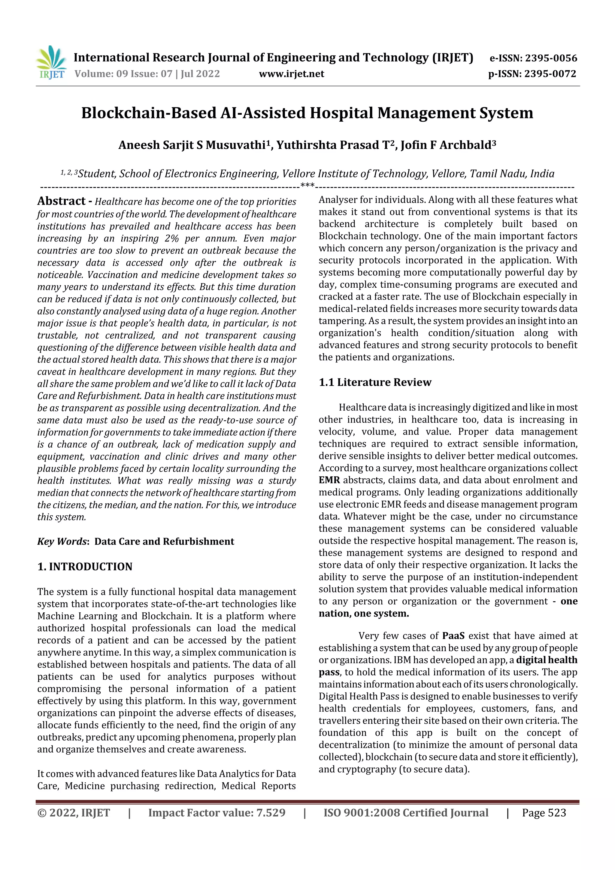 Blockchain-Based AI-Assisted Hospital Management System | PDF | Healthcare Industry | Industries