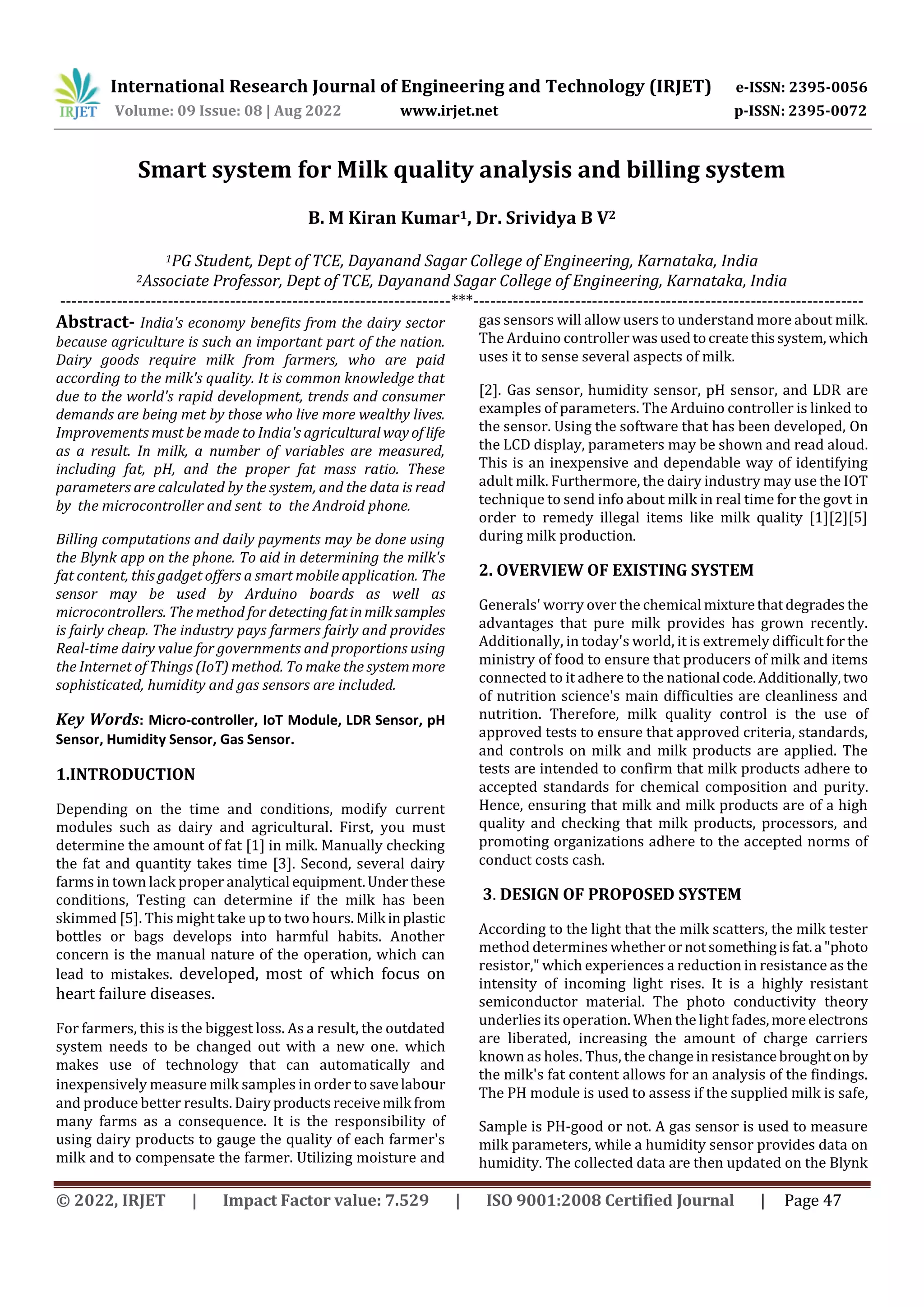 Smart system for Milk quality analysis and billing system | PDF
