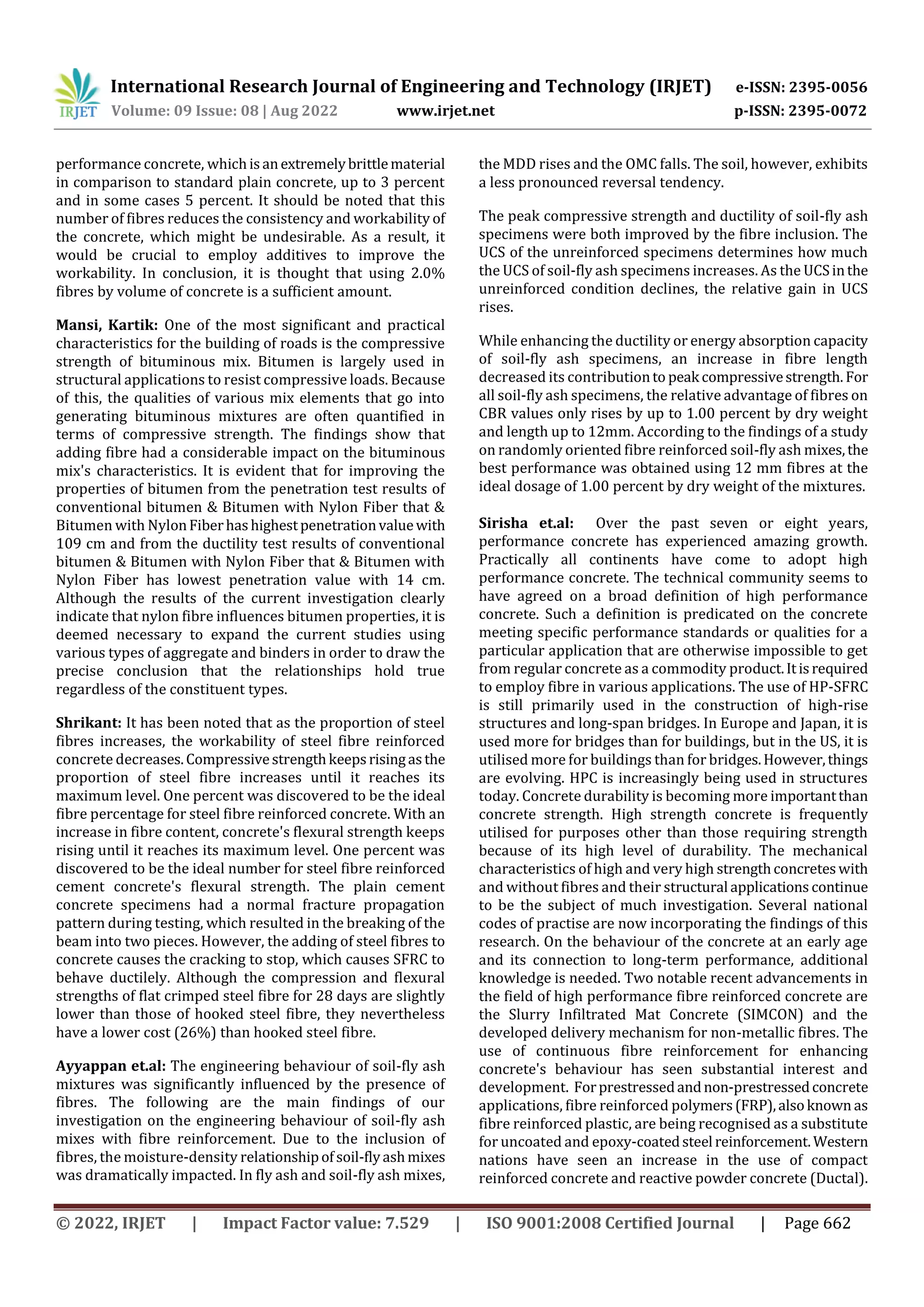 USE OF DISCRETE FIBERS IN ROAD CONSTRUCTION: A REVIEW | PDF