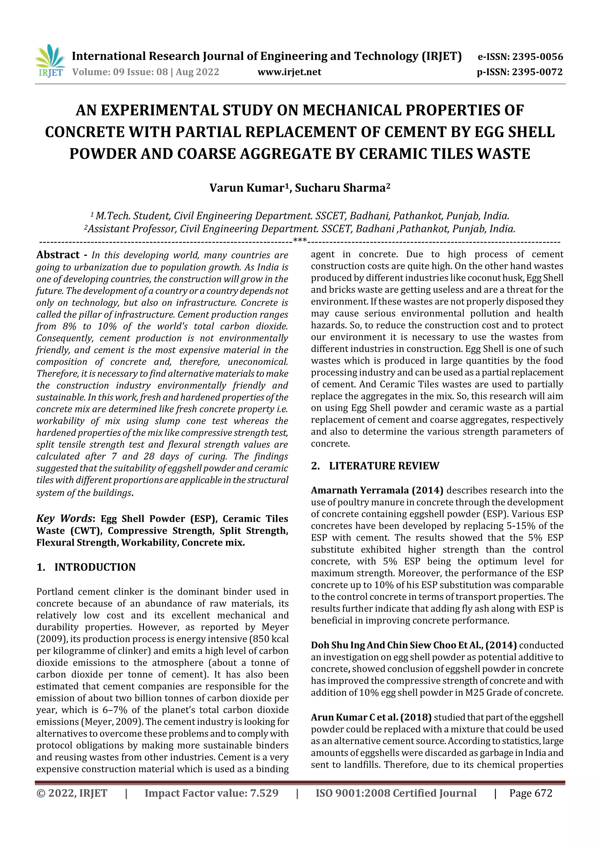 AN EXPERIMENTAL STUDY ON MECHANICAL PROPERTIES OF CONCRETE WITH PARTIAL ...