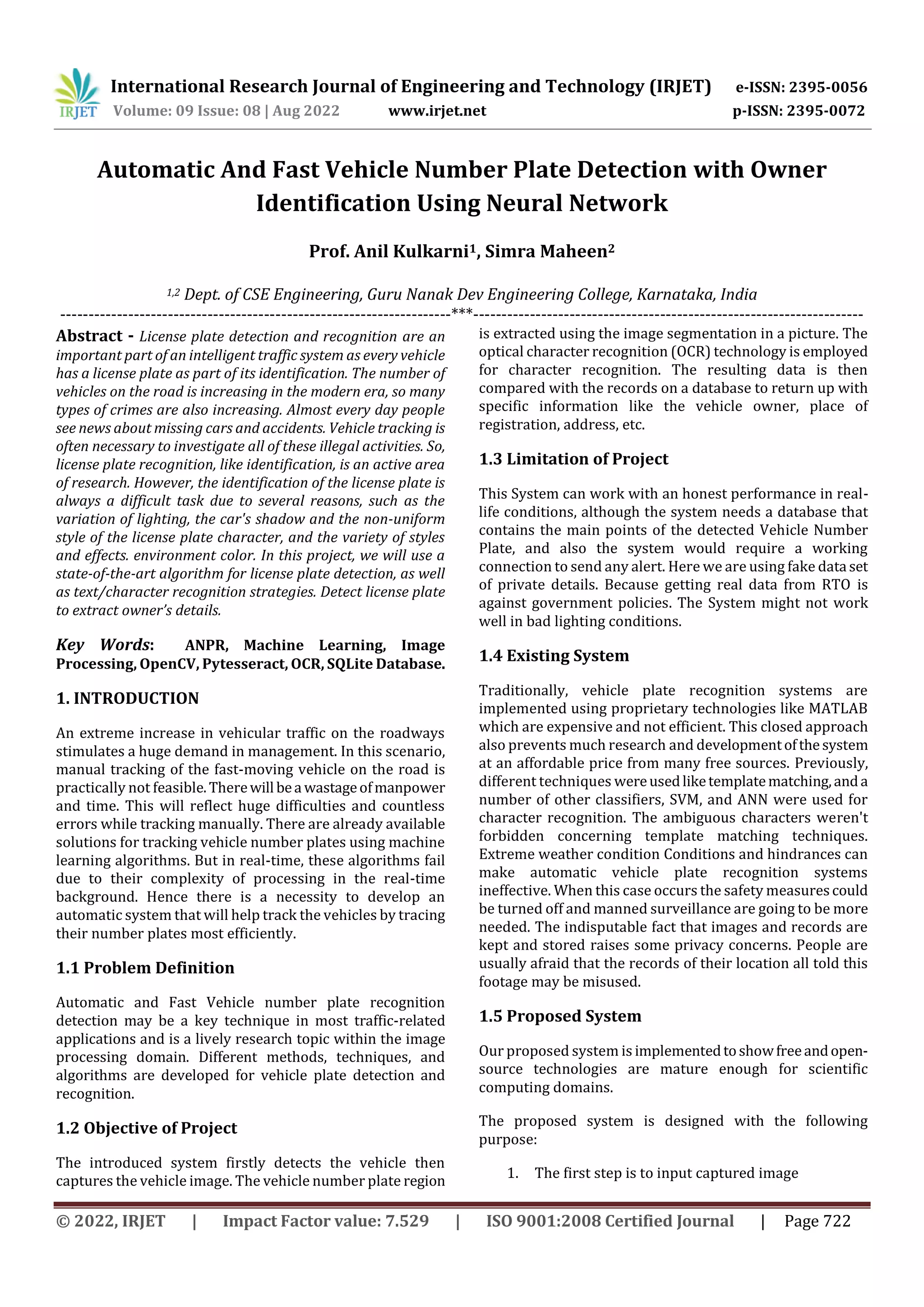 Automatic And Fast Vehicle Number Plate Detection With Owner Identification Using Neural Network