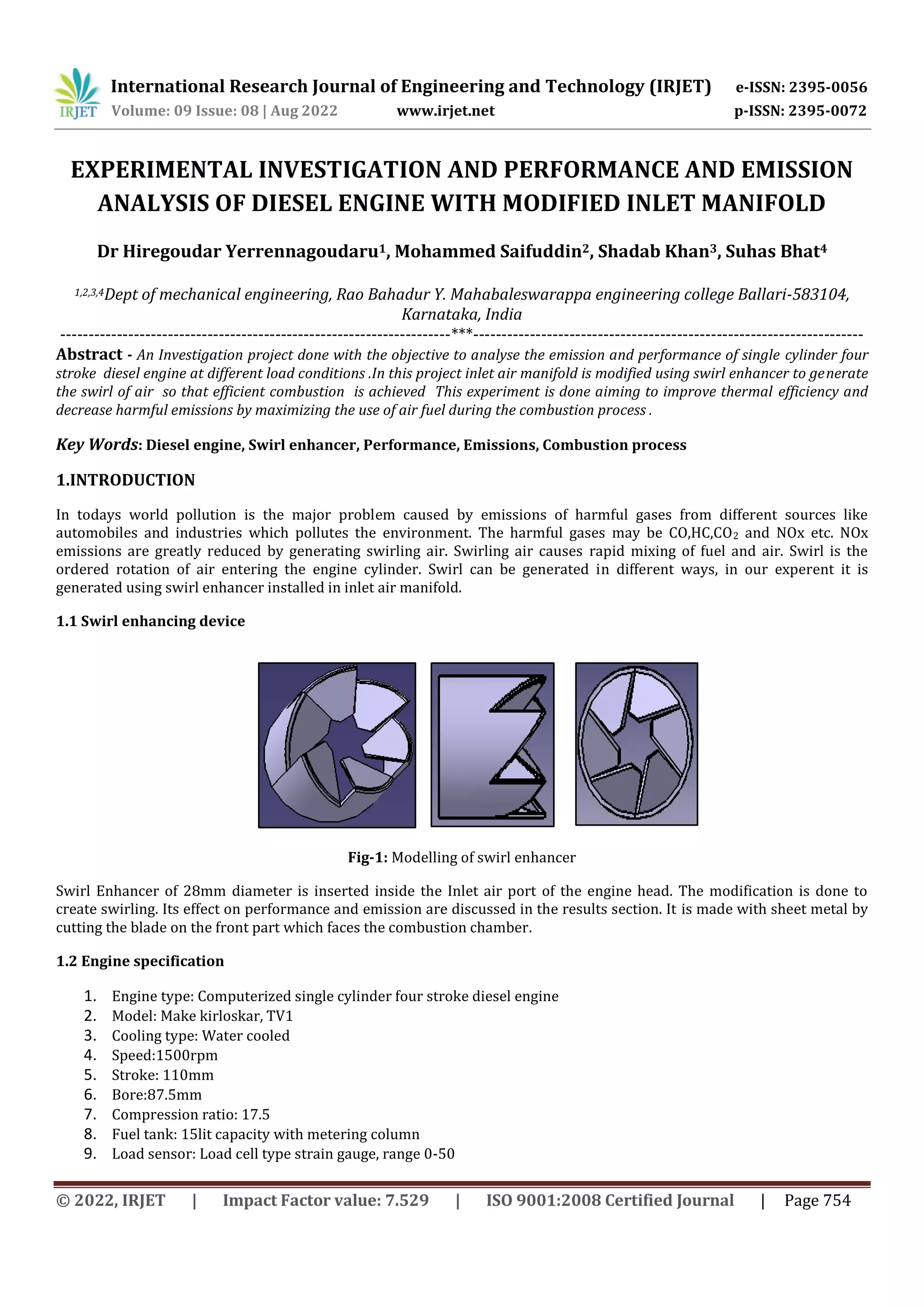 EXPERIMENTAL INVESTIGATION AND PERFORMANCE AND EMISSION ANALYSIS OF DIESEL ENGINE WITH MODIFIED ...