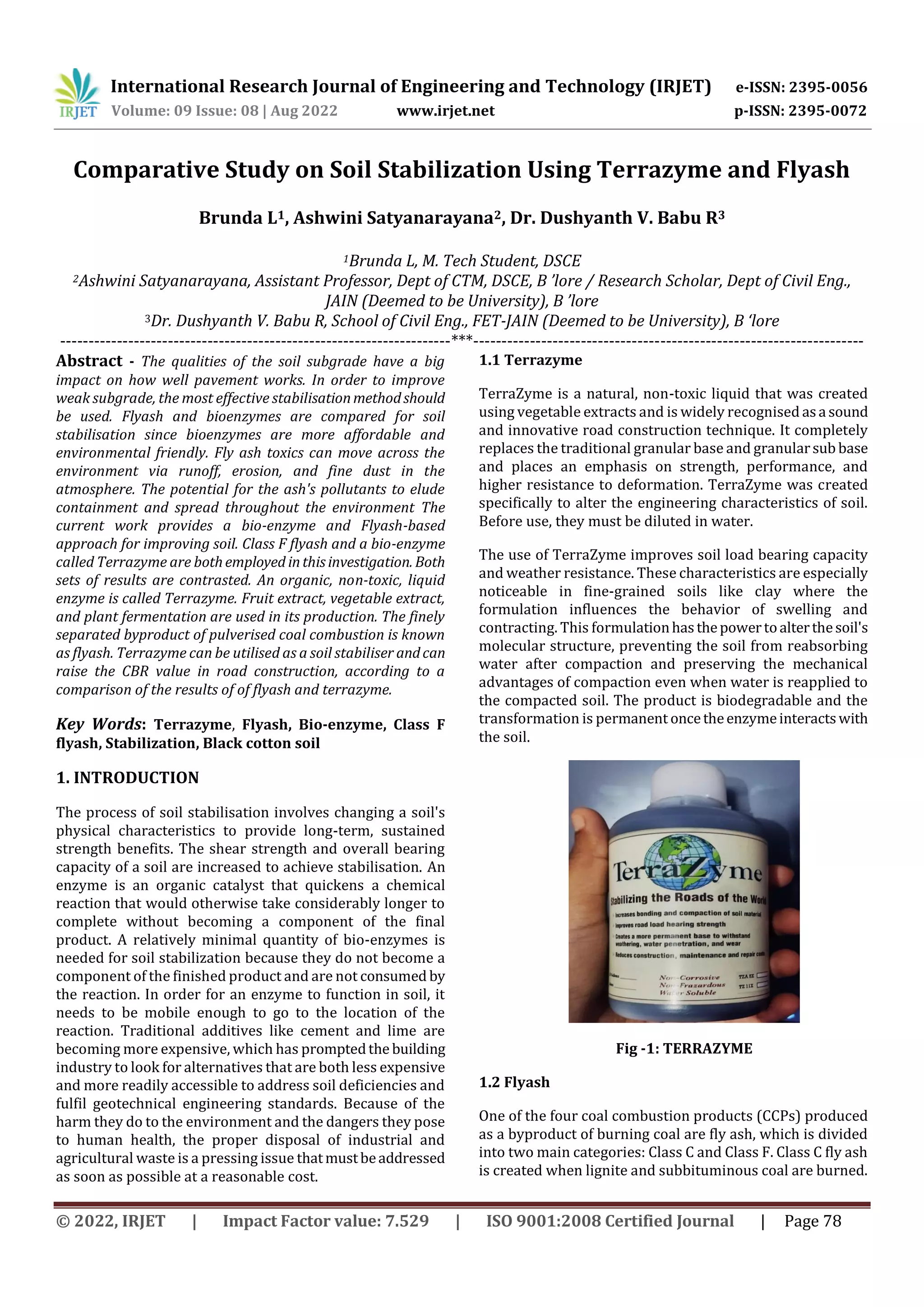 Comparative Study on Soil Stabilization Using Terrazyme and Flyash | PDF