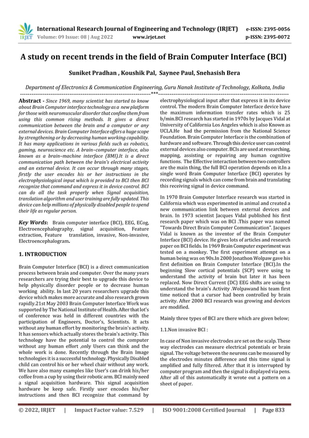A study on recent trends in the field of Brain Computer Interface (BCI ...