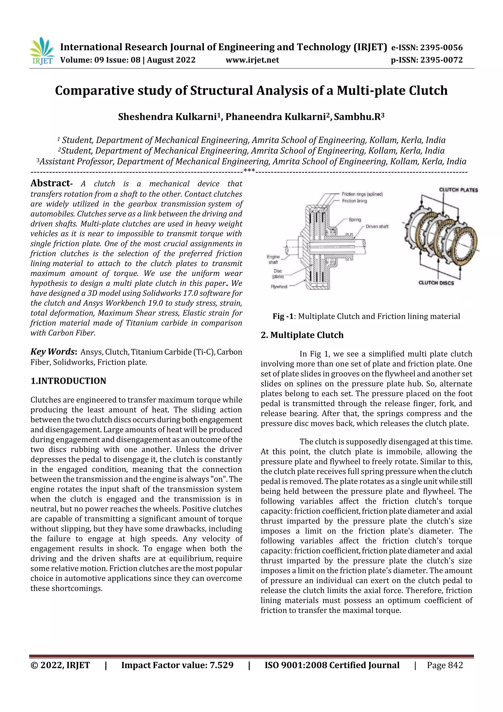 Comparative study of Structural Analysis of a Multi-plate Clutch | PDF