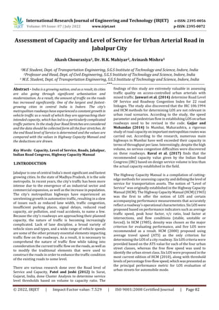 Assessment of Capacity and Level of Service for Urban Arterial Road in Jabalpur City | PDF