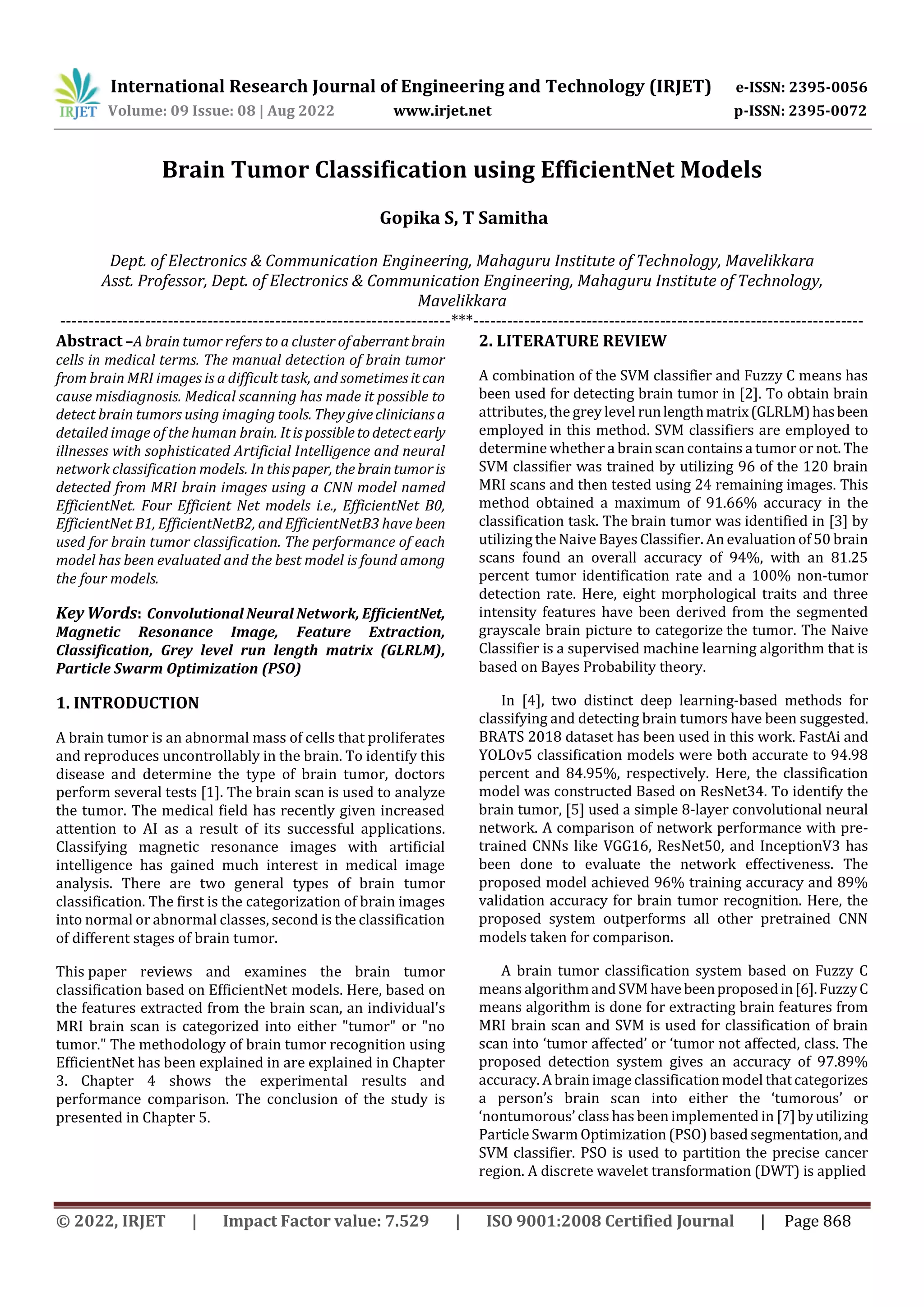 Brain Tumor Classification using EfficientNet Models | PDF