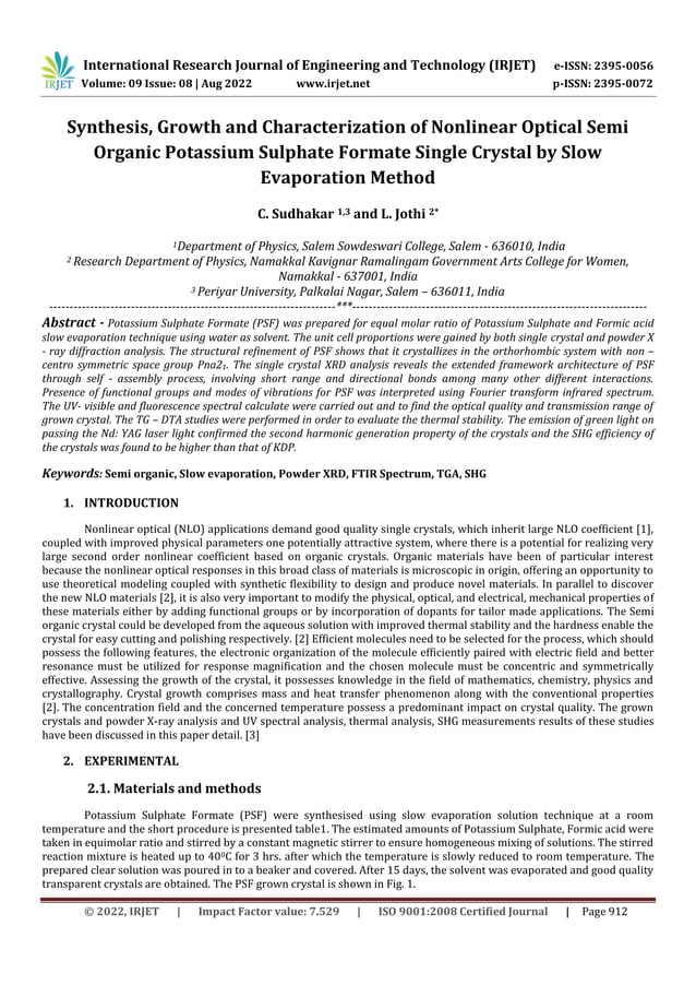Synthesis, Growth and Characterization of Nonlinear Optical Semi Organic Potassium Sulphate ...