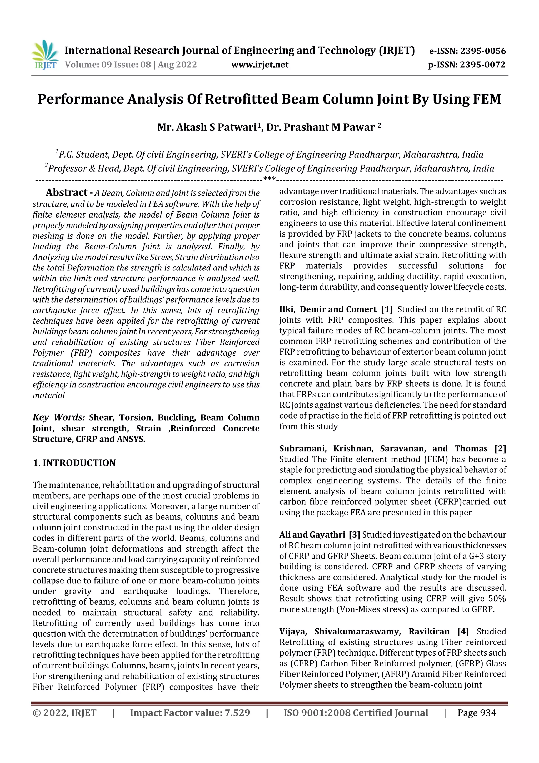 Performance Analysis Of Retrofitted Beam Column Joint By Using FEM | PDF | Civil Engineering ...