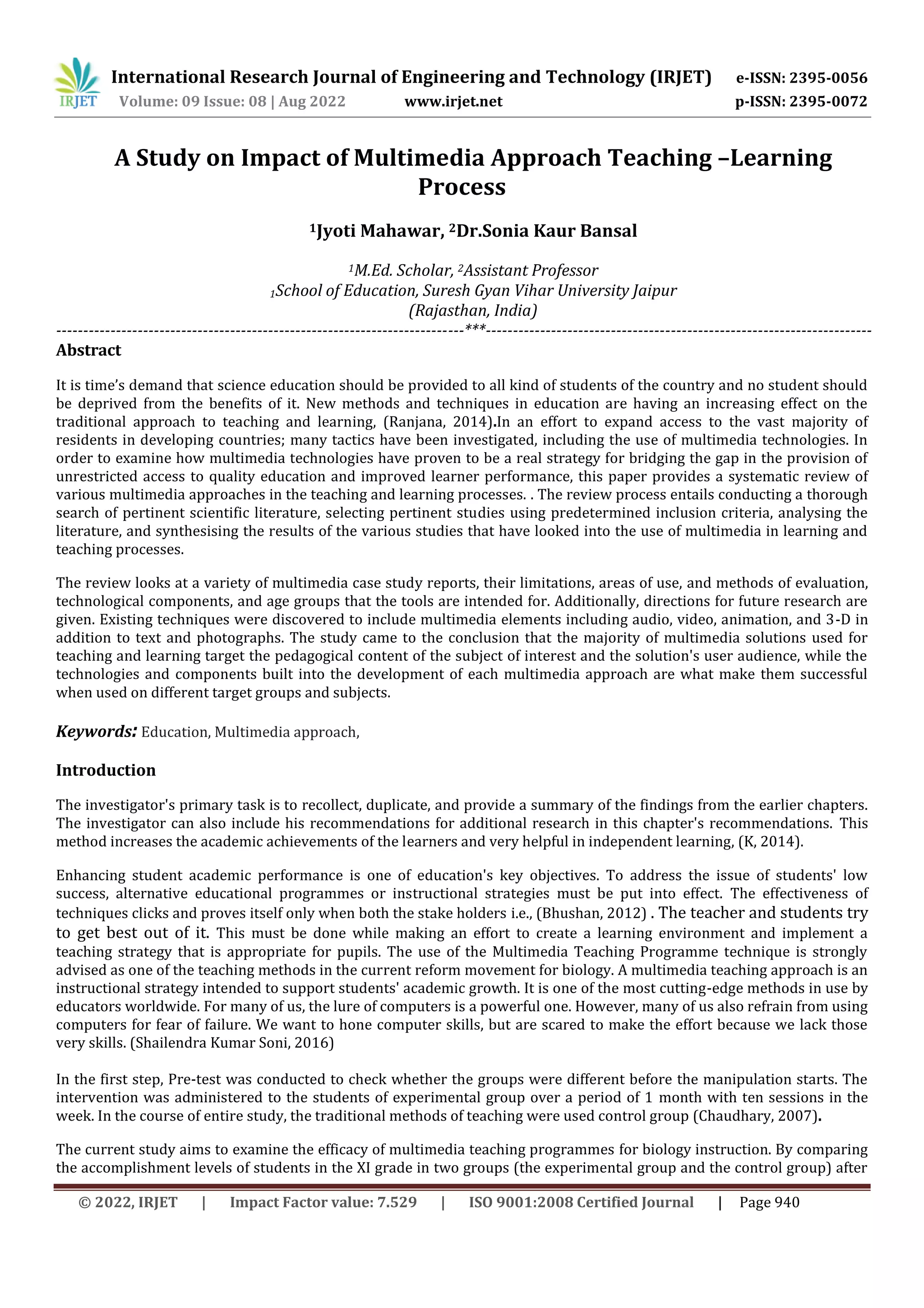 A Study on Impact of Multimedia Approach Teaching –Learning Process | PDF