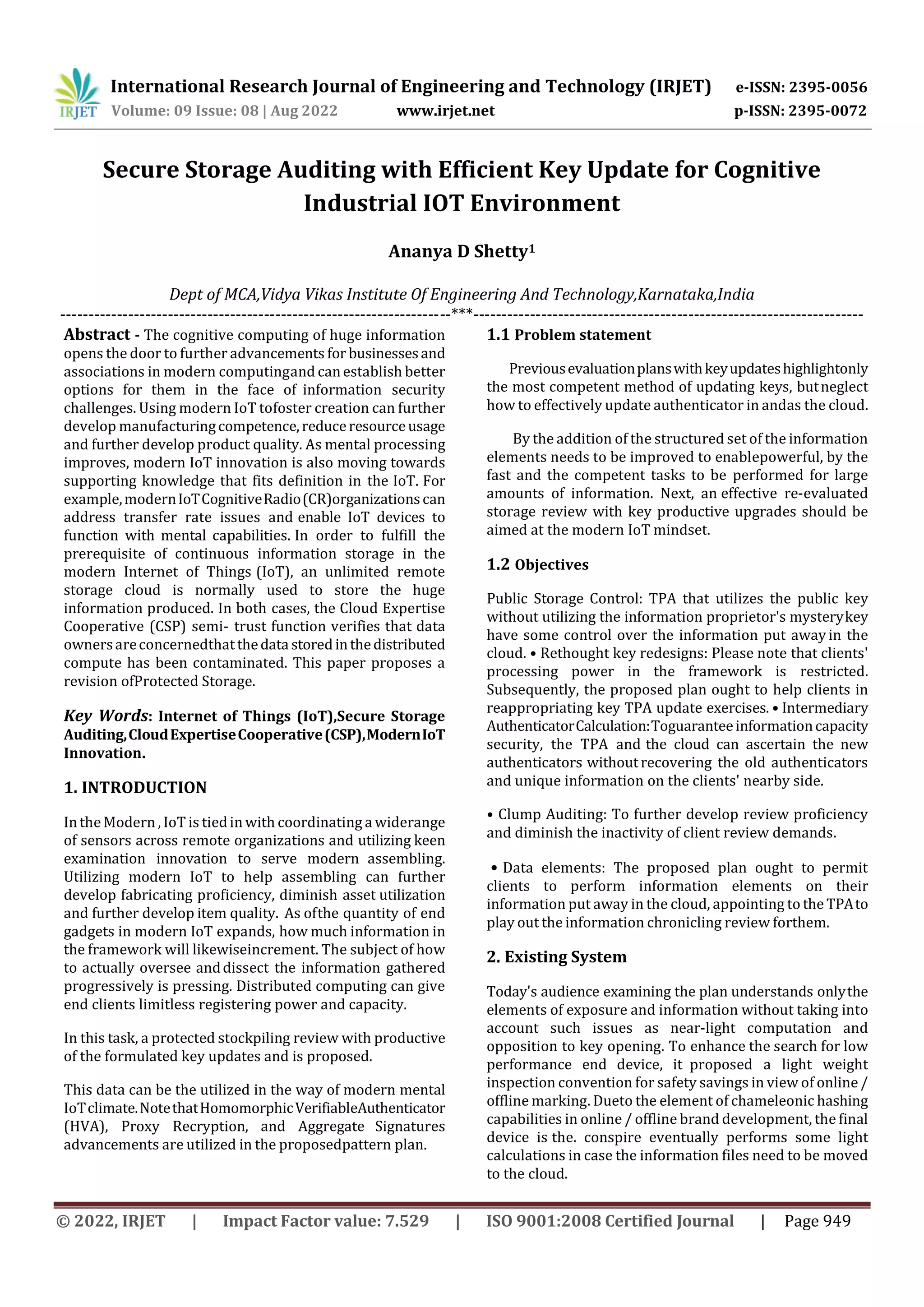 Secure Storage Auditing With Efficient Key Update For Cognitive