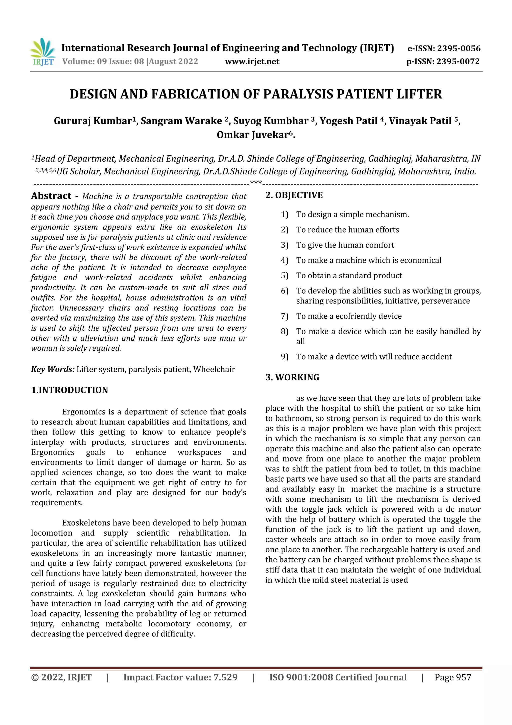 DESIGN AND FABRICATION OF PARALYSIS PATIENT LIFTER | PDF