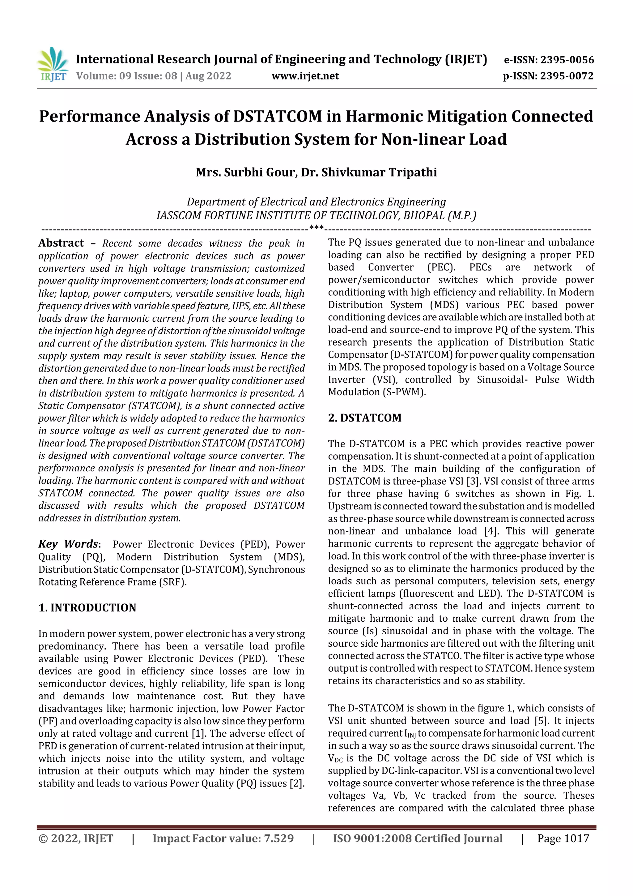 Performance Analysis of DSTATCOM in Harmonic Mitigation Connected Across a Distribution System ...