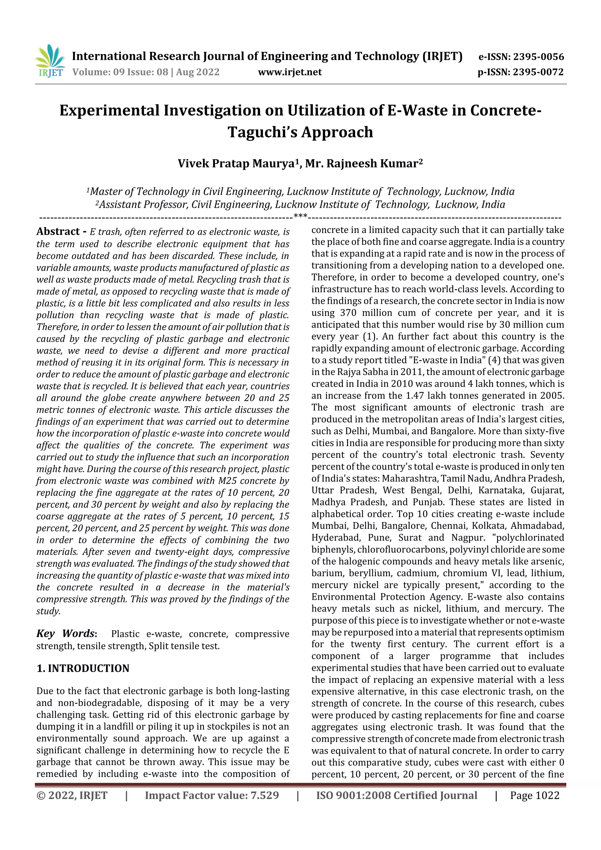 Experimental Investigation on Utilization of E-Waste in Concrete ...