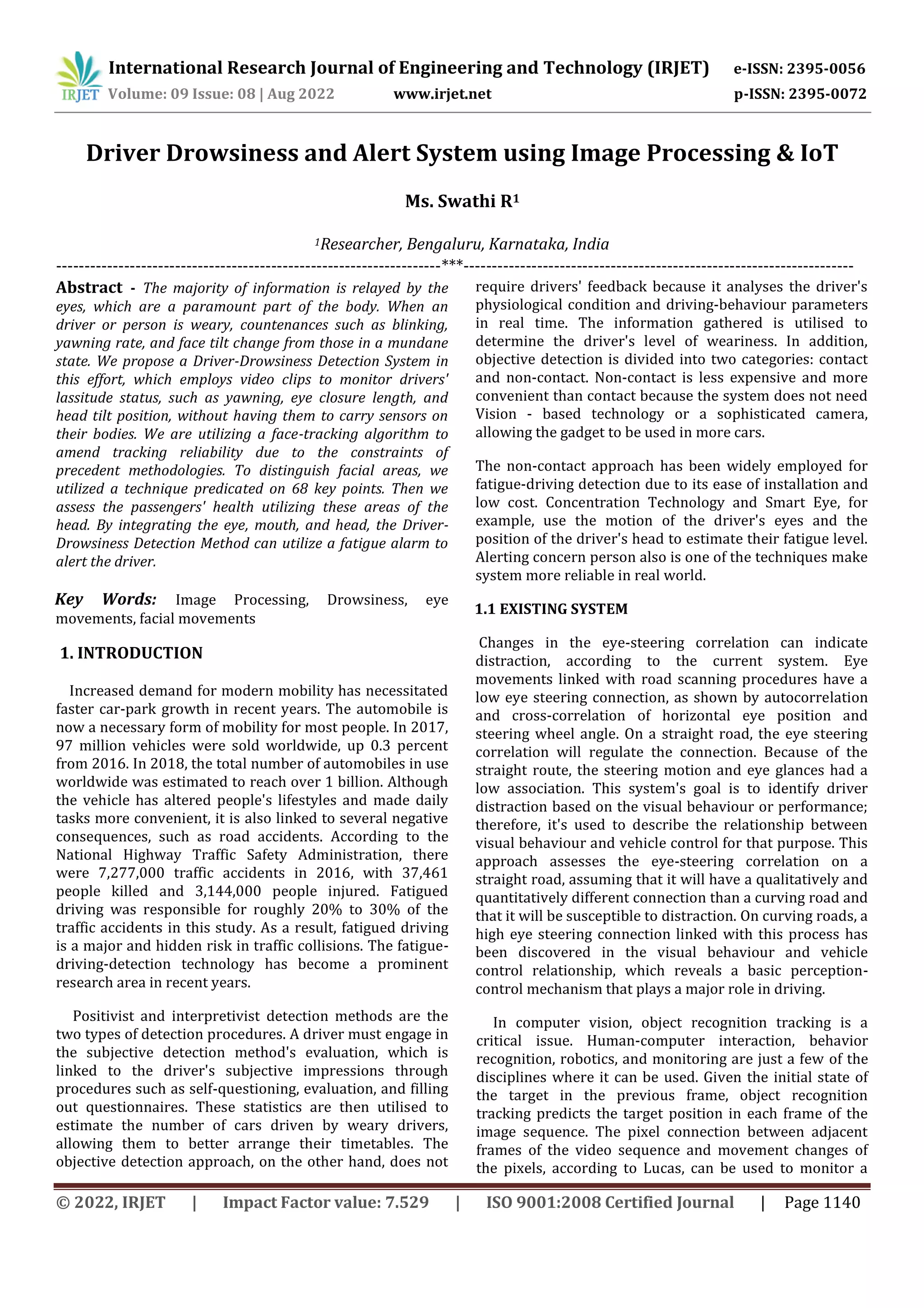 Driver Drowsiness And Alert System Using Image Processing And Iot Pdf