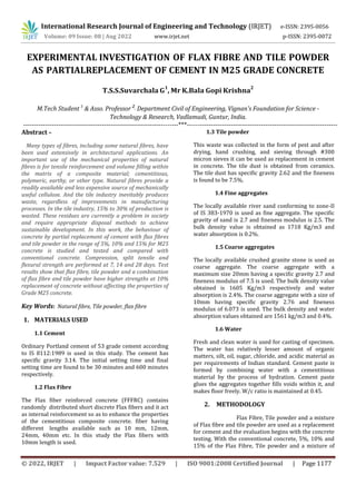 EXPERIMENTAL INVESTIGATION OF FLAX FIBRE AND TILE POWDER AS PARTIALREPLACEMENT OF CEMENT IN M25 ...
