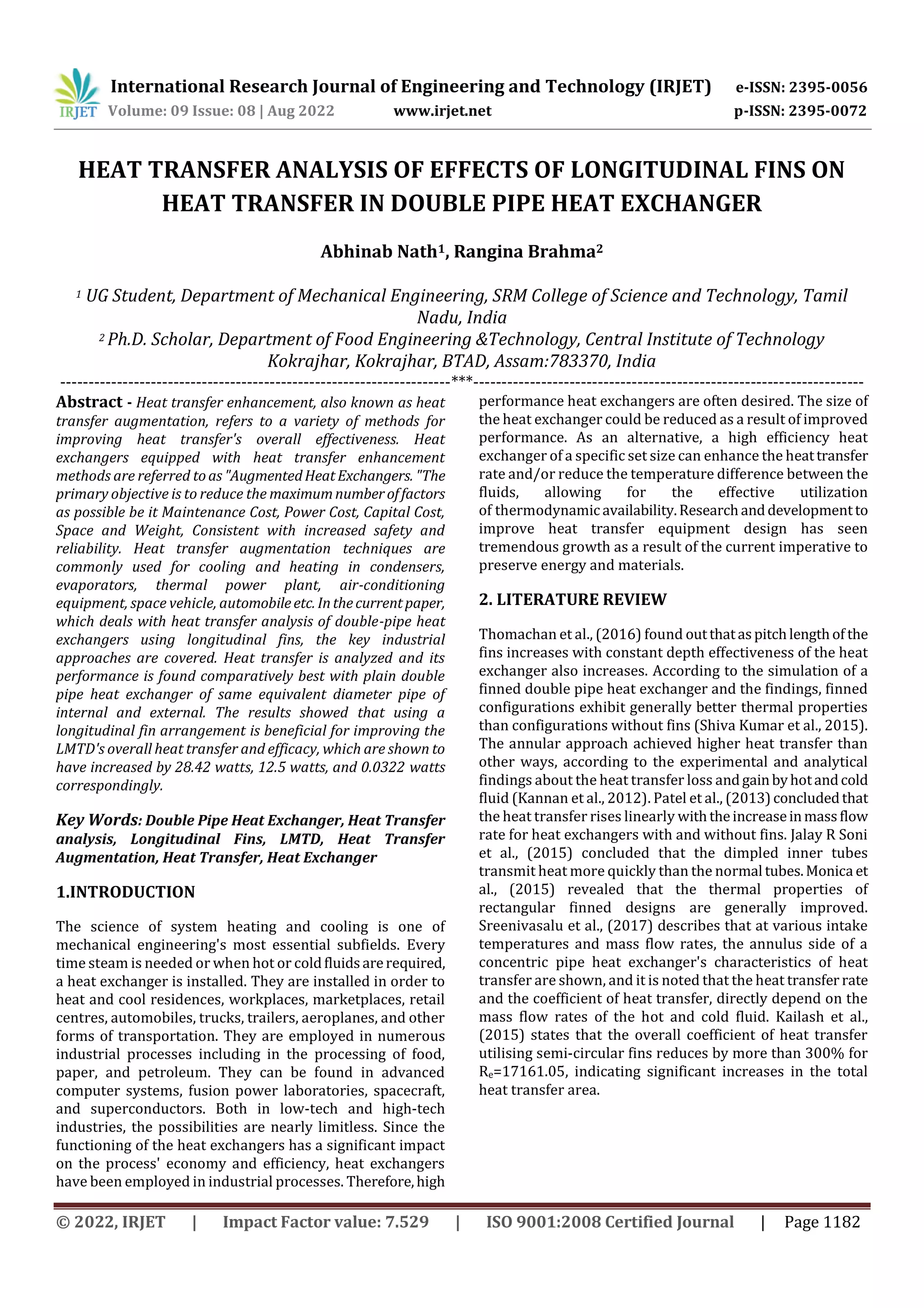 HEAT TRANSFER ANALYSIS OF EFFECTS OF LONGITUDINAL FINS ON HEAT TRANSFER ...