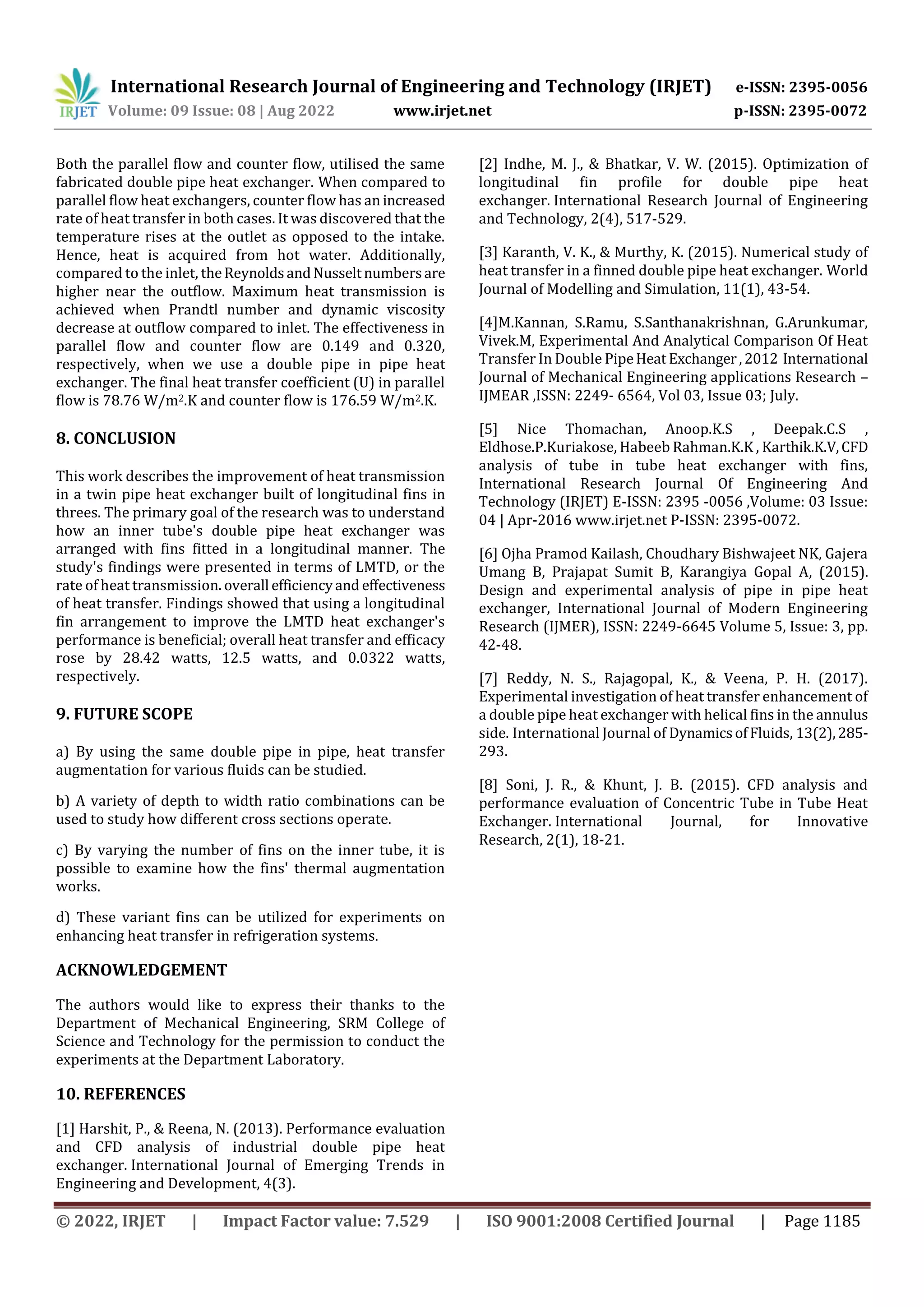 HEAT TRANSFER ANALYSIS OF EFFECTS OF LONGITUDINAL FINS ON HEAT TRANSFER IN DOUBLE PIPE HEAT ...