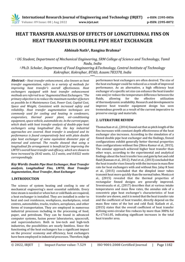 HEAT TRANSFER ANALYSIS OF EFFECTS OF LONGITUDINAL FINS ON HEAT TRANSFER IN DOUBLE PIPE HEAT ...