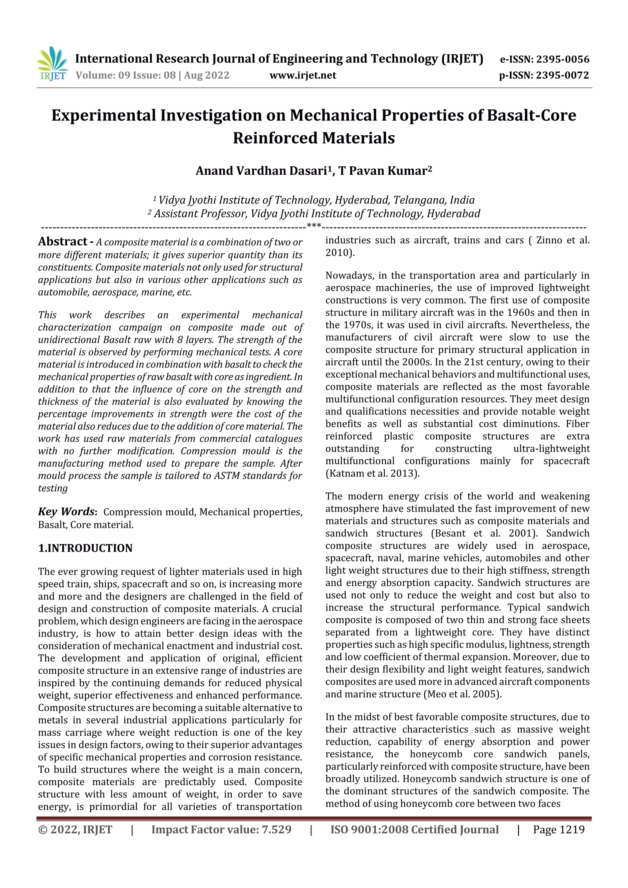 Experimental Investigation on Mechanical Properties of Basalt-Core Reinforced Materials | PDF