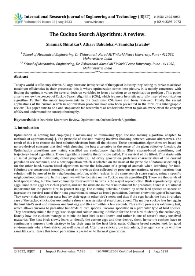 The Cuckoo Search Algorithm: A review. | PDF