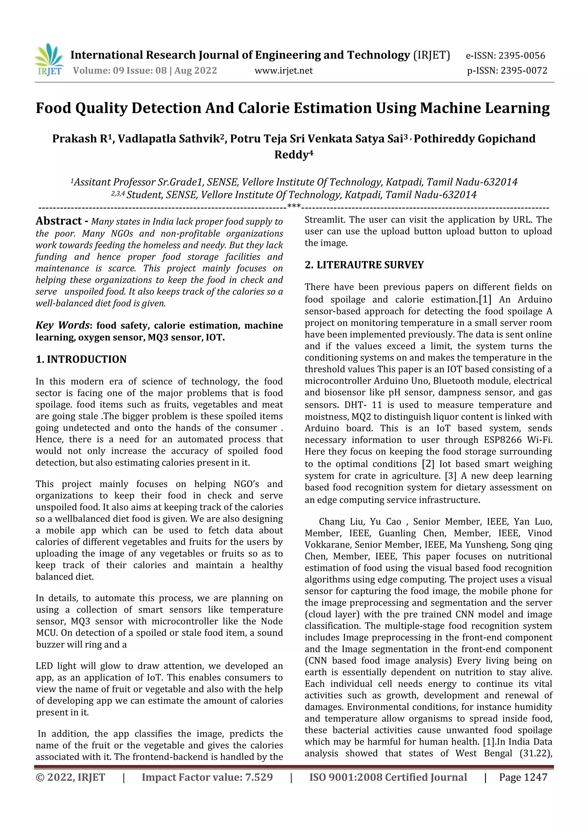 Food Quality Detection And Calorie Estimation Using Machine Learning ...