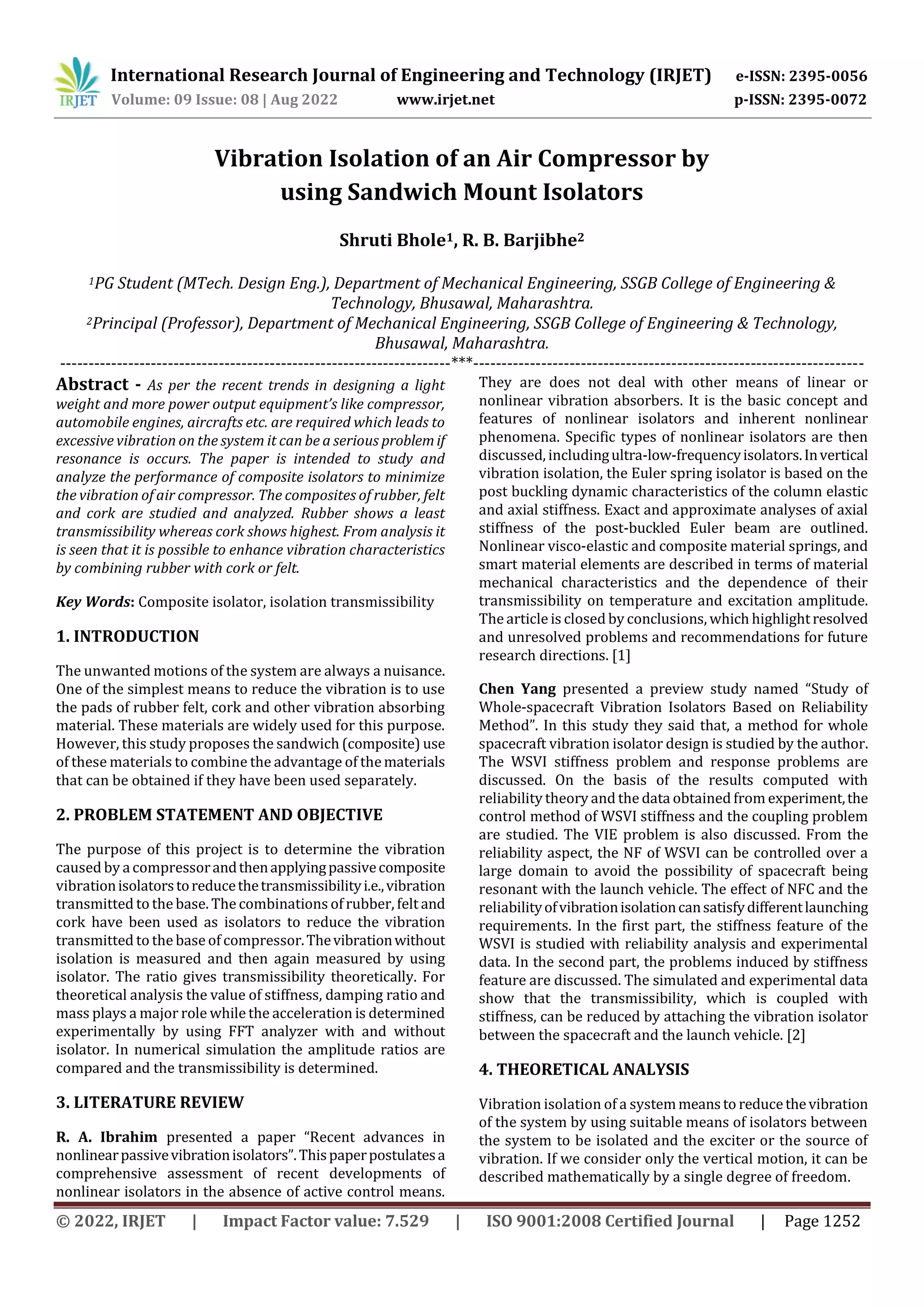 Vibration Isolation of an Air Compressor by using Sandwich Mount Isolators | PDF