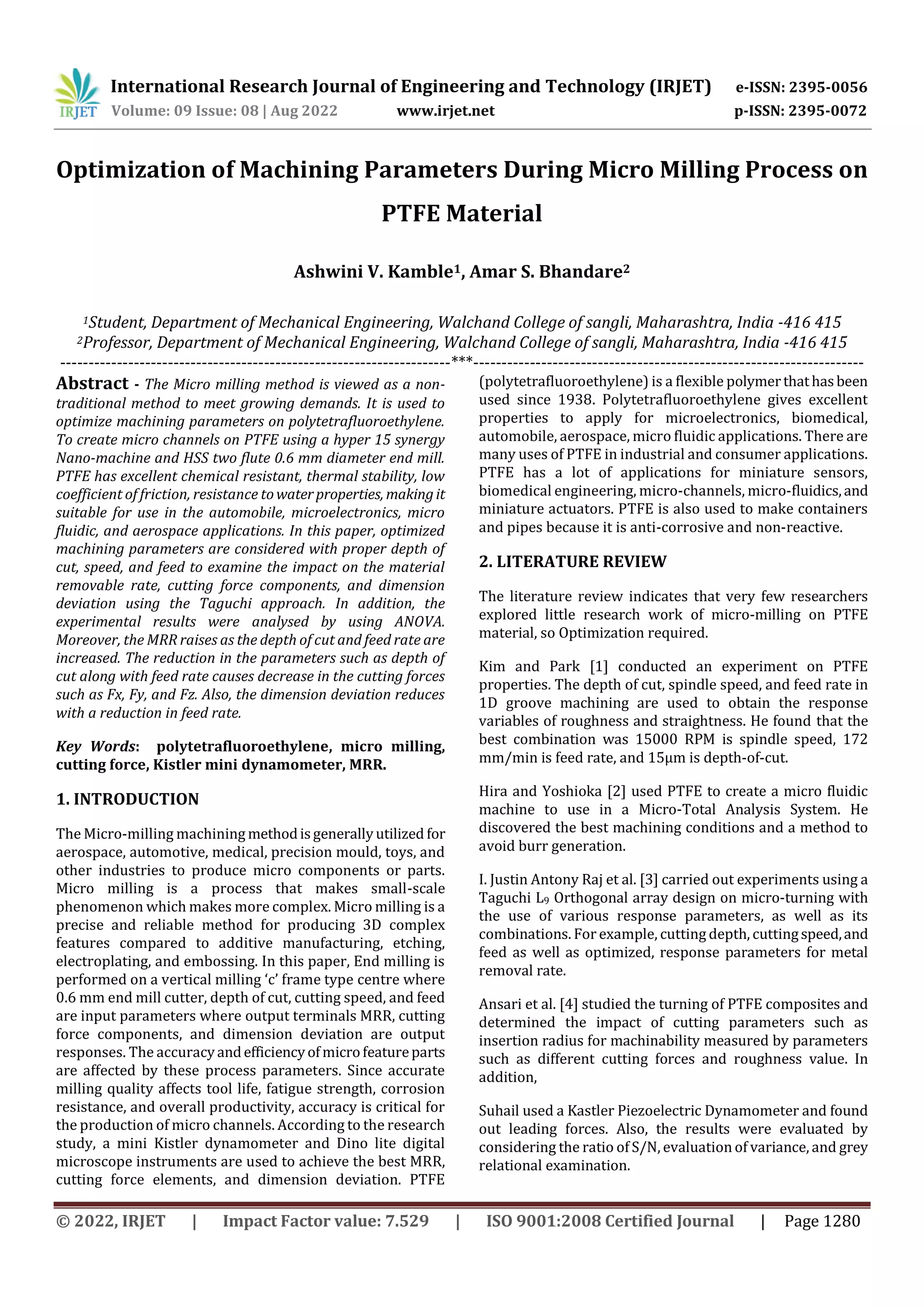 Optimization Of Machining Parameters During Micro Milling Process On Ptfe Material Pdf