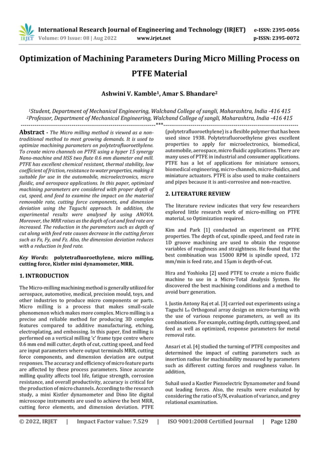 Optimization Of Machining Parameters During Micro Milling Process On