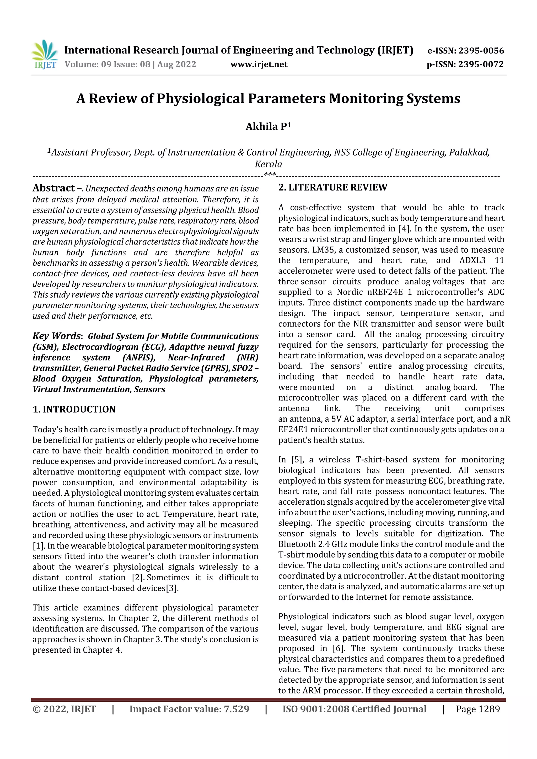A Review of Physiological Parameters Monitoring Systems | PDF